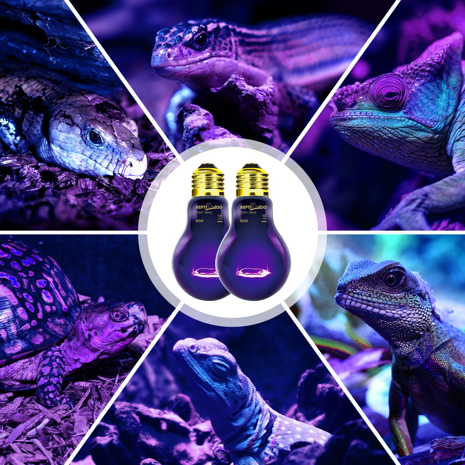 REPTIZOO 2PCS Reptile Night Heat Lamp, 50W Moonlight Heat Bulb Infrared Heating Lamp Purple Reptile Heat Lamp Night Bulb for Bearded Dragon, Lizard, Snake, Turtle