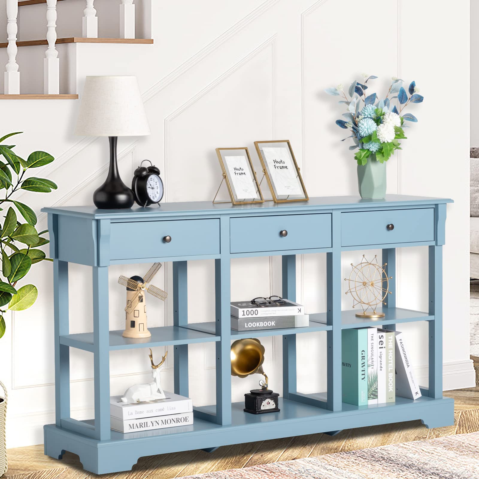 Sofa Table, Farmhouse Console Table for Living Room, Hallway entryway Table with Storage, Entry Table for Foyer,Open Storage Shelf for Home Living Room 58.2" L x 14.2" W x 32.5" H