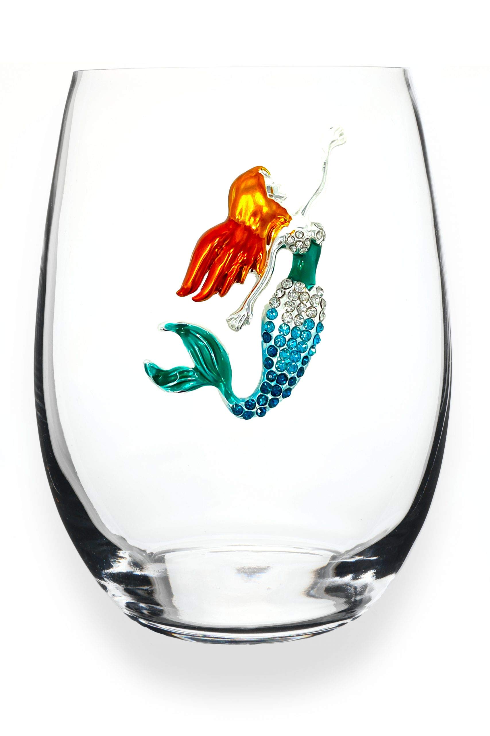 THE QUEENS' JEWELS Mermaid Jeweled Stemless Wine Glass, 21 oz. - Unique Gift for Women, Birthday, Cute, Fun, Beach, Not Painted, Decorated, Bling, Bedazzled, Rhinestone