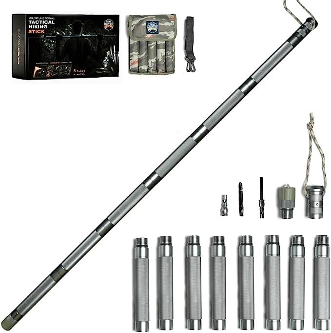 Prime Adventure Hiking Stick Walking Staff - Outdoor Multitool Tactical Gear Trekking Pole Collapsible Retractable Premium 15 in 1 | 8 Tubes