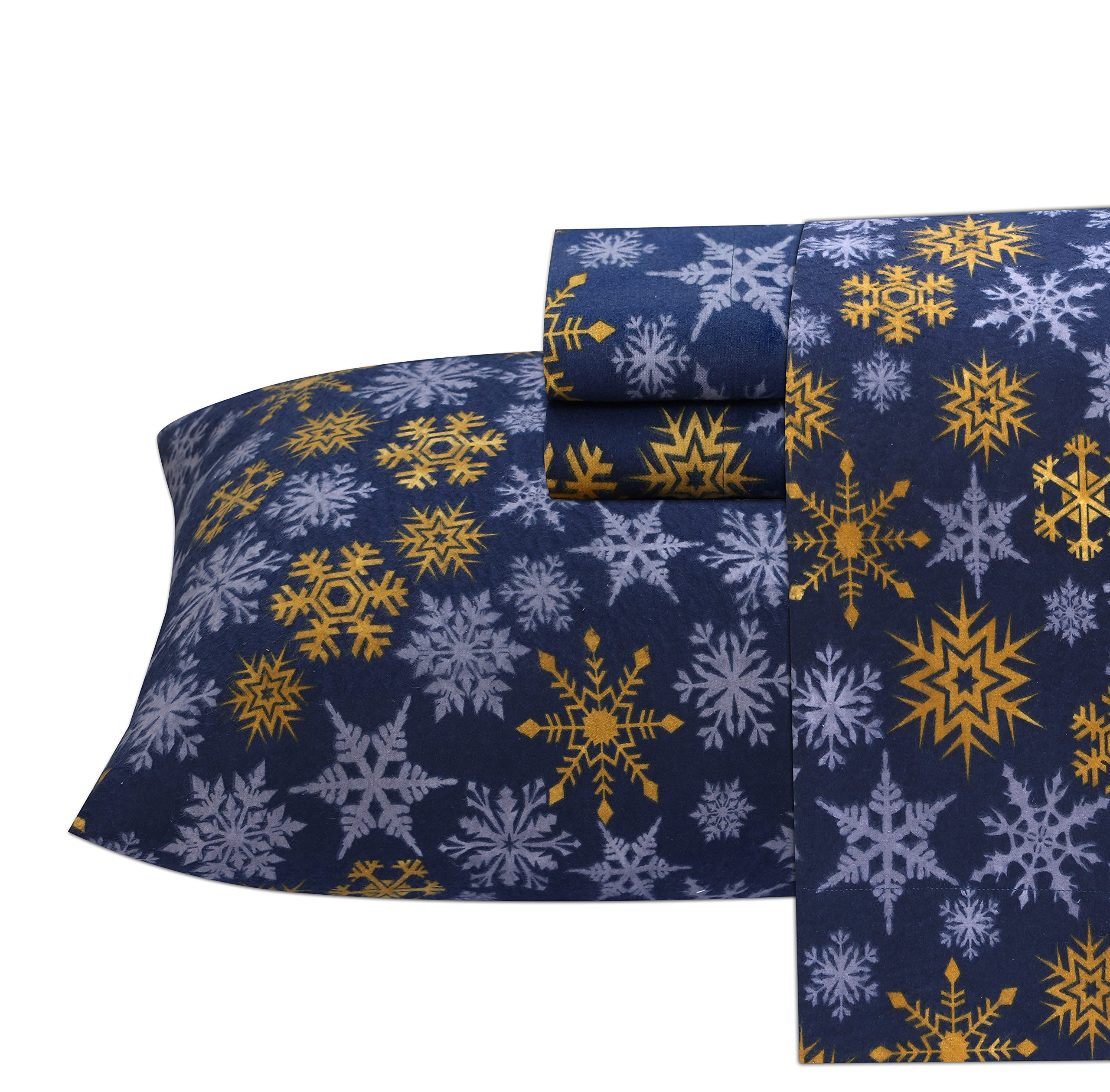 RUVANTI Flannel Sheets Full Size - 100% Cotton Brushed Flannel Bed Sheet Sets - Deep Pockets 16 Inches (fits up to 18") - All Seasons Breathable & Super Soft - Warm & Cozy - 4 Pcs - Snow Flake Gold