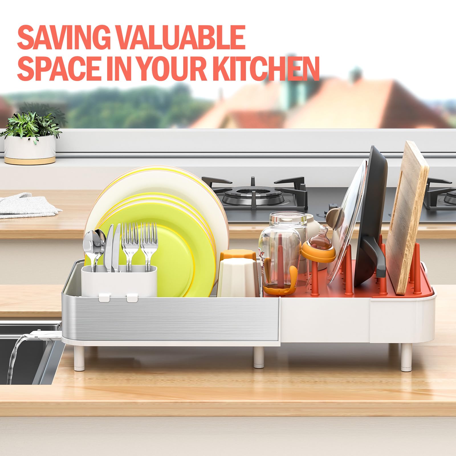 TOOLF Dish Rack, Extendable Dish Drainer, Modern Dish Drying Rack 2 in 1 Design. Expandable Drain Board in Sink, Stainless Steel Dish Racks for Kitchen Counter Utensils,Plates,Pans,Pots Organizer