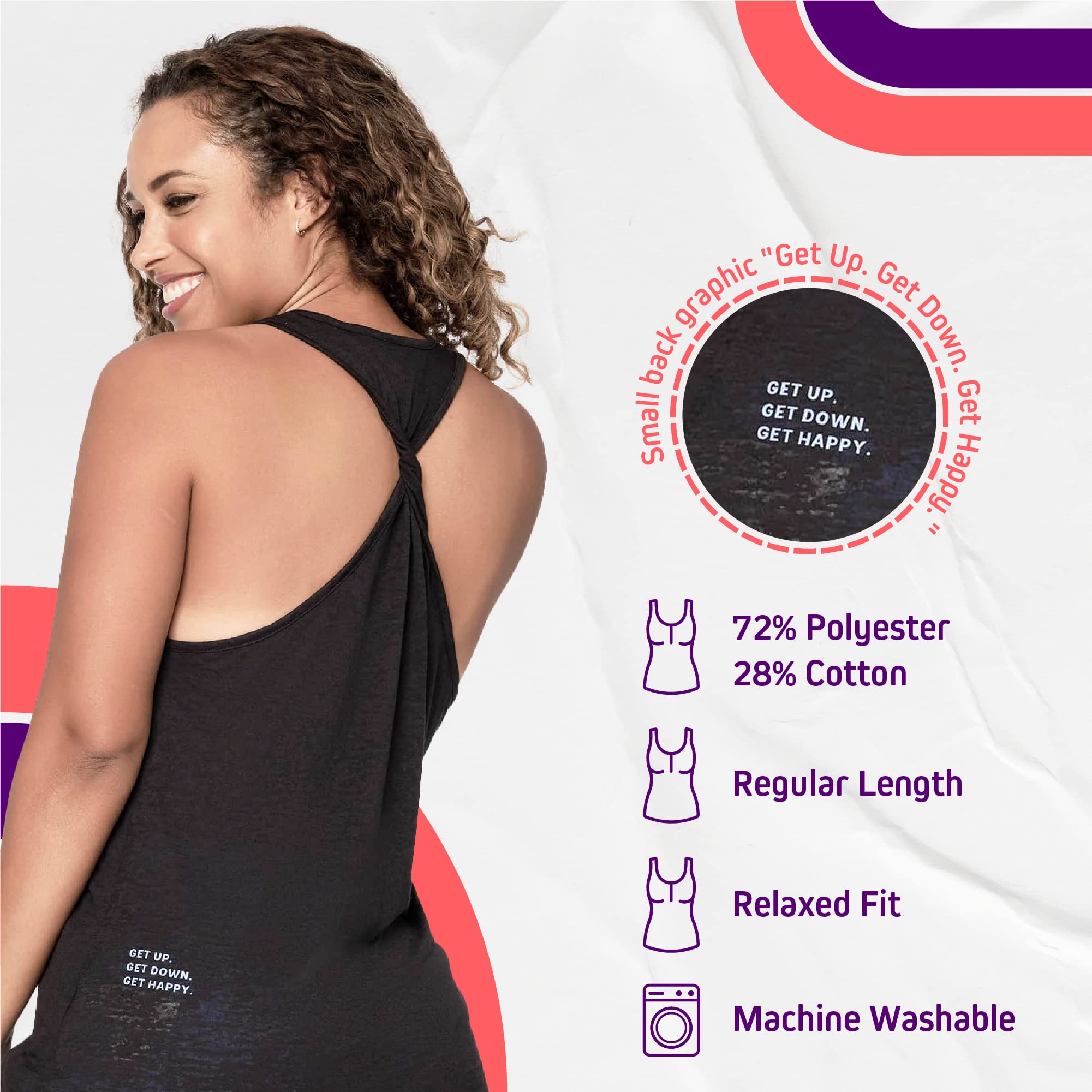 ZUMBA Love Cute Easy-Fit Graphic Twisted Back Tank Top for Women, L, Bold Black
