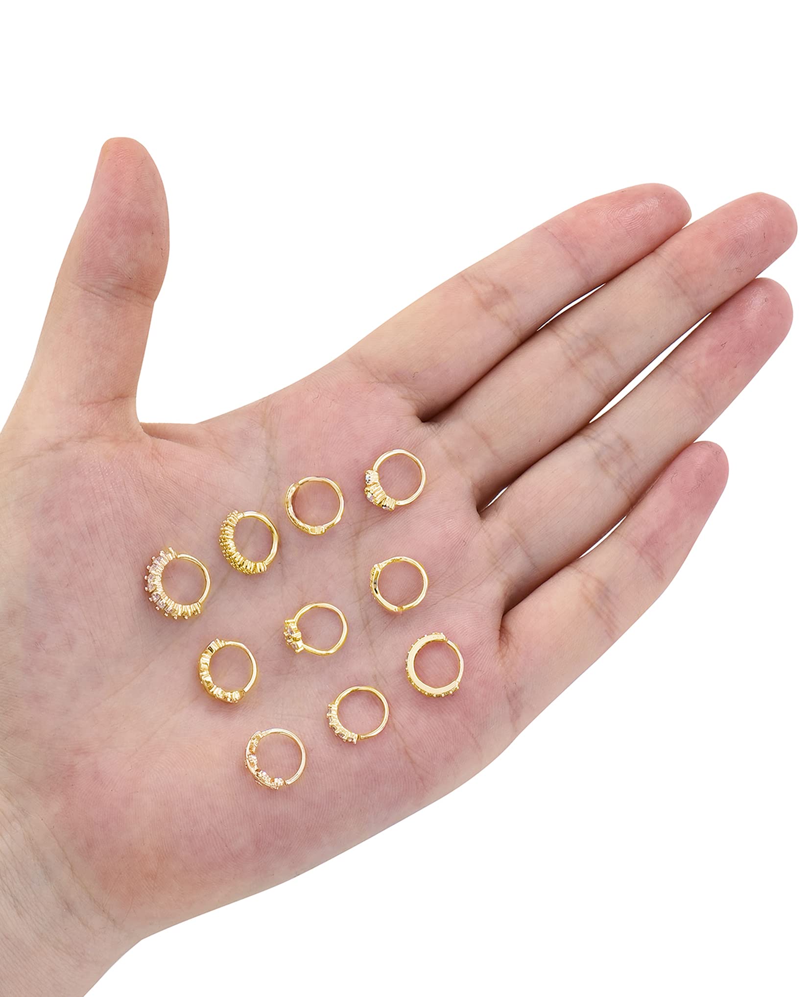 Tornito 10Pcs Nose Ring Hoop Paved Flower Leaf Feather CZ Cartilage Earrings Nose Piercing Jewelry for Women Men Gold Tone 20G