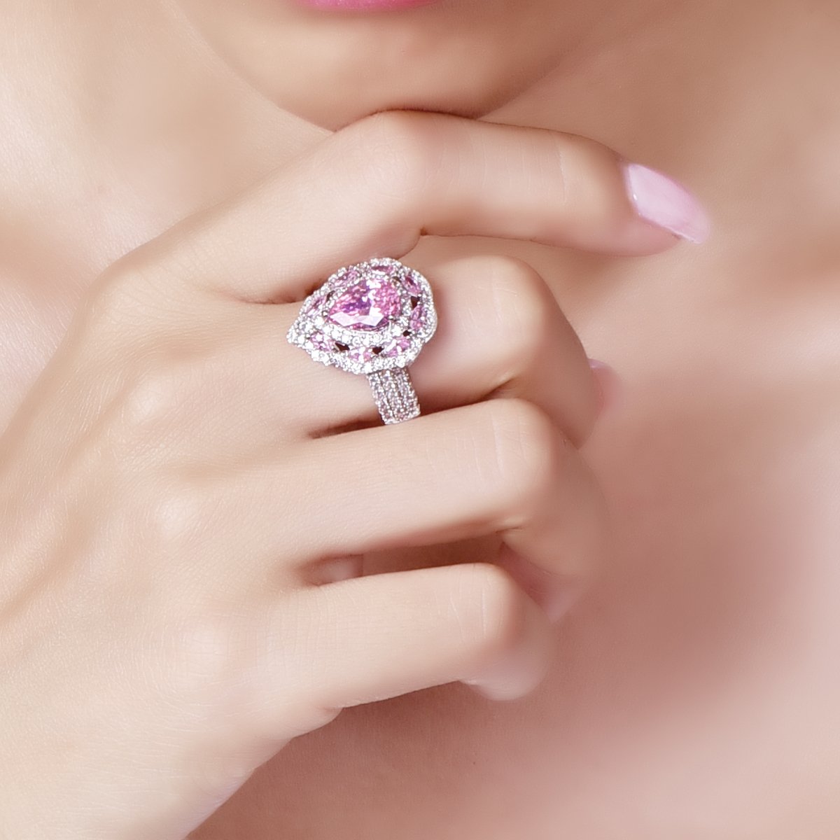 Veunora Gorgeous 925 Sterling Silver Filled 7x10mm Pink Topaz Cubic Zirconia Cluster Cocktail Ring for Women Size 9