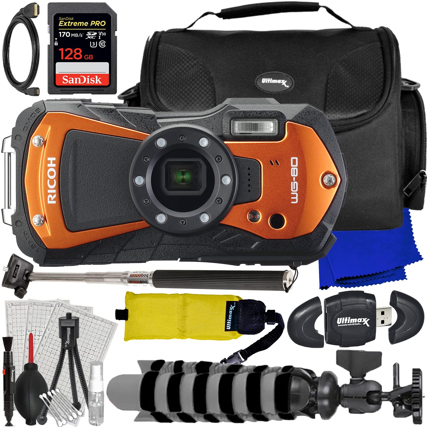 Ultimaxx Advanced Bundle + Ricoh WG-80 Digital Camera (Orange) + SanDisk 128GB Extreme Pro SDXC, Selfie-Stick, Water-Resistant Gadget Bag, āGripsterā Tripod, Floating Wrist Strap & More (21pc Bundle)