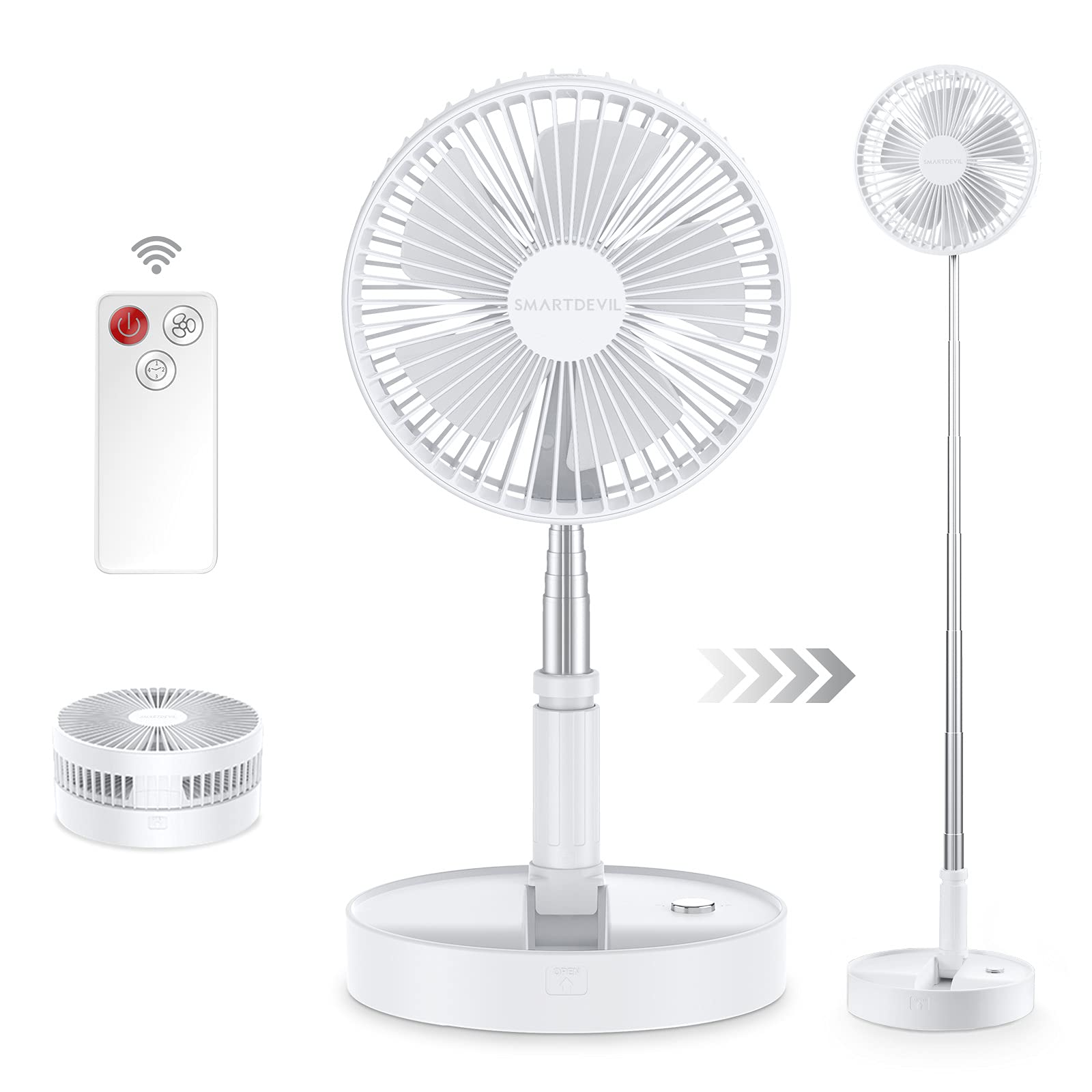 SmartDevil Stand Fan, 2-in-1 Multi-Purpose Folding Portable Telescopic Floor/USB Desk Fan with Remote Control, 4 Speeds Adjustable with 7200 mAh Battery, for Home, Office, Travel, Camping (White)