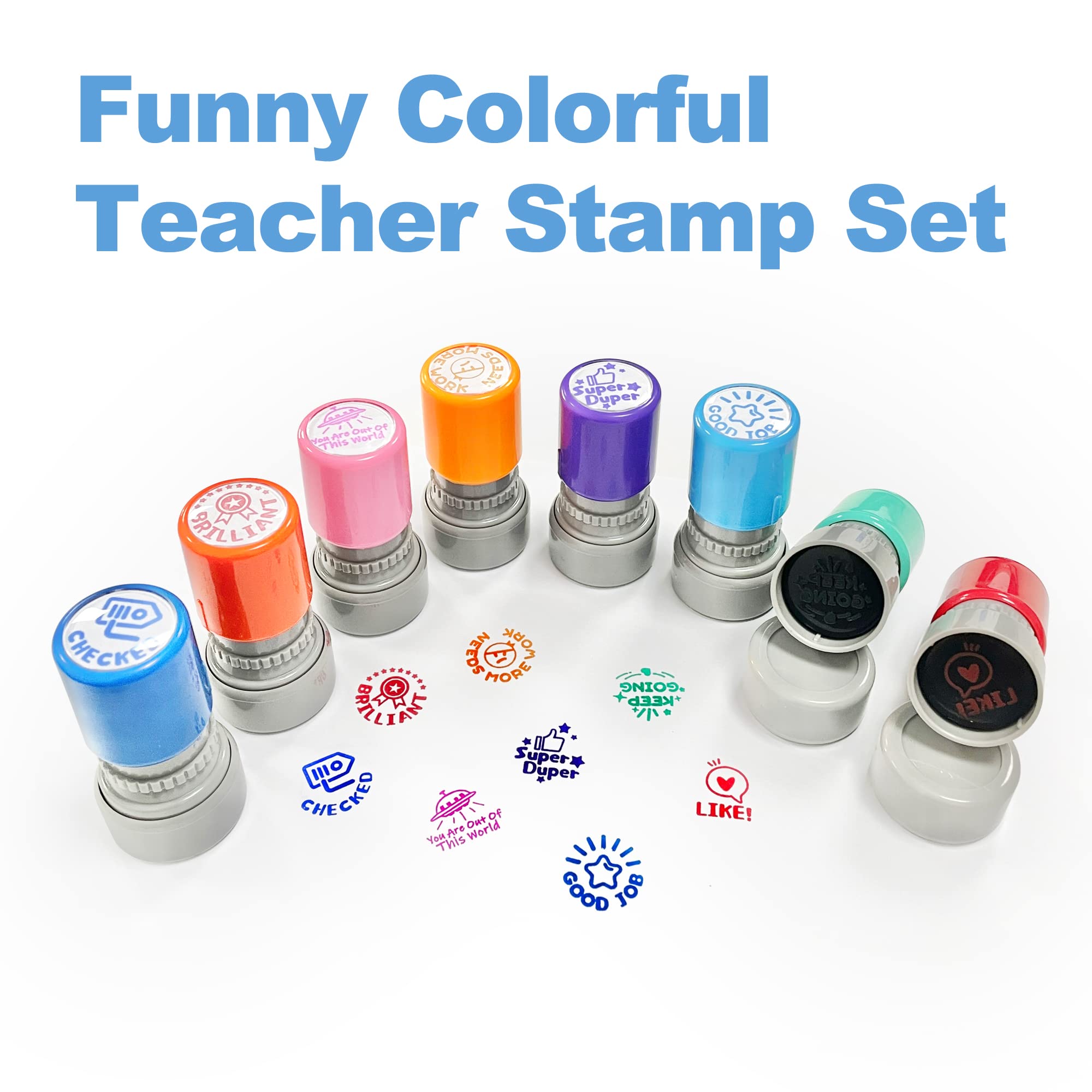 Round Teacher Stamps for Grading Classroom, Set of 8 Color Rubber Teacher Self-Inking Stamp Set for Homework Teacher Supplies