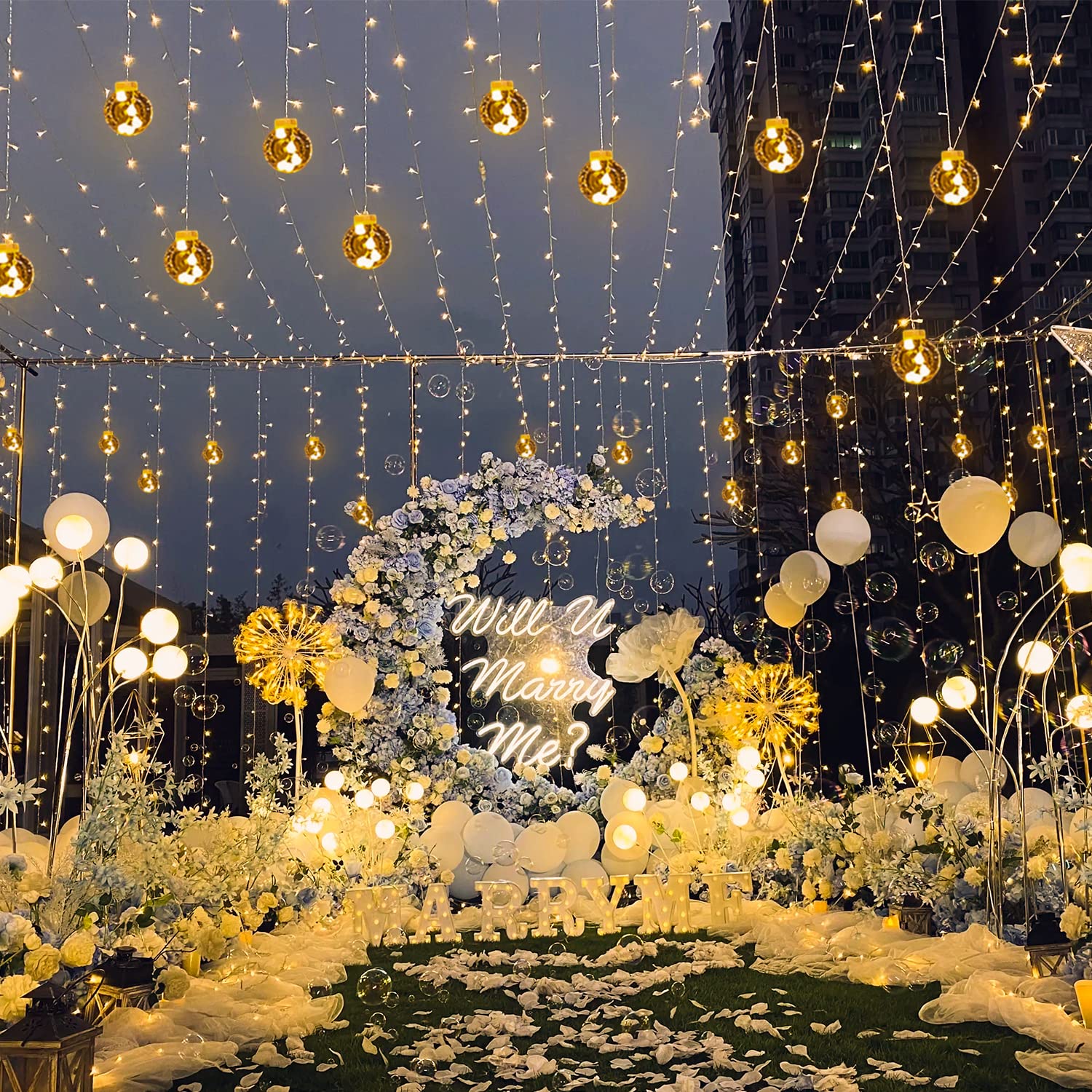 Solar Outdoor String Lights Gazebo Hanging Curtain Lights with Remote 108 Led Twinkle Lights Balls Lights Christmas Decorative Waterproof