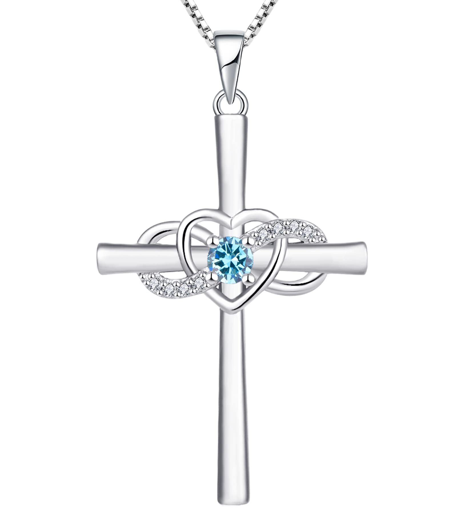 YL Women's Cross Necklace Sterling Silver Infinity Heart Crucifix Pendant Created Aquamarine Criss Jewelry