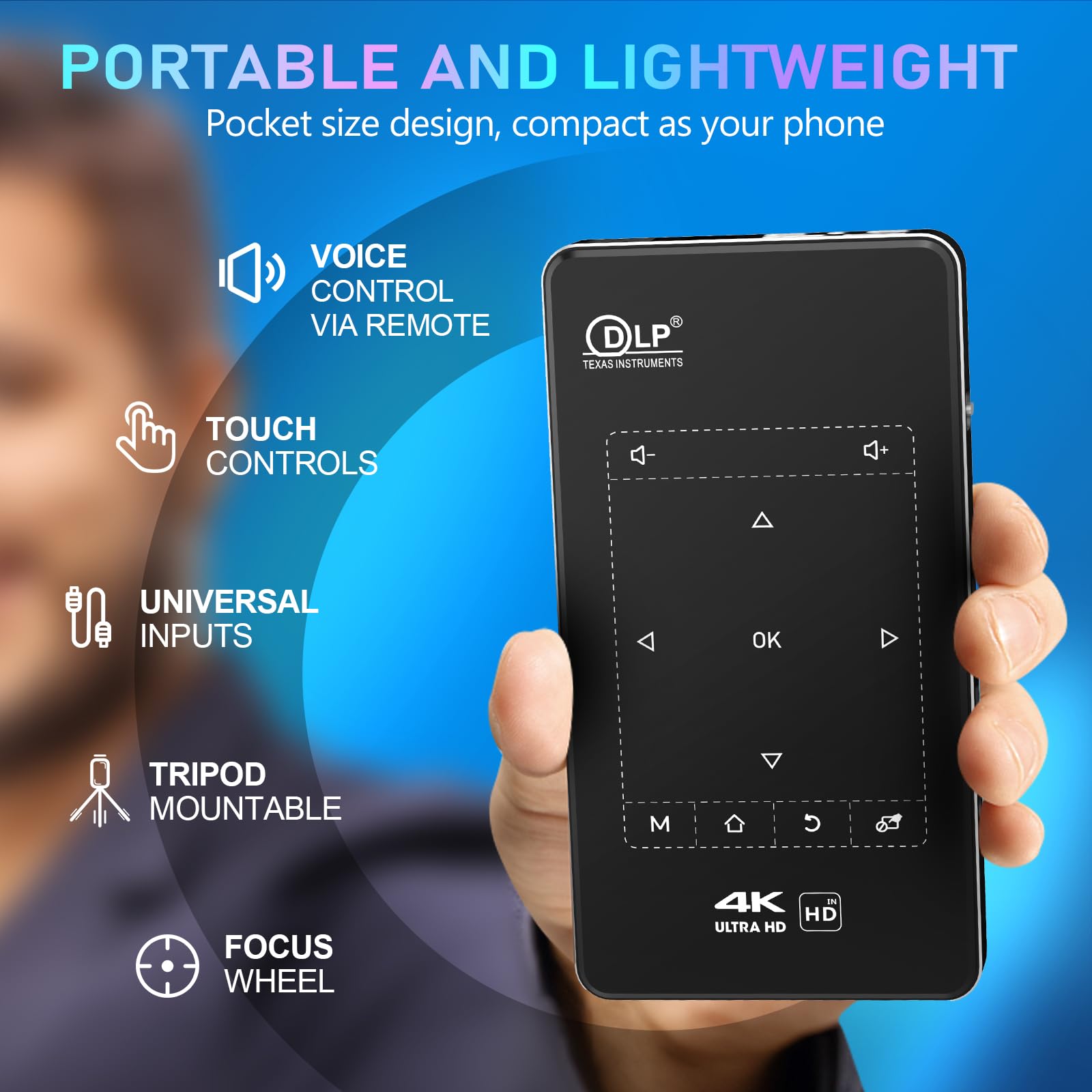 Ultra Mini Pocket Projector, Omnivijes Phone-Sized DLP Projector with Tripod, Android-based Palmtop Projectors, Movie Projector Compatible with Android / iOS / Windows / HDMI / USB, 3D Supported
