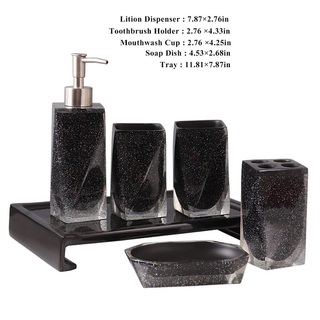 Soap Dispenser 6pcs Accessories Resin Set Includes Hand Soap Dispenser Toothbrush Holder Tumbler Soap Dish and Tray Starry Sky Pattern Modern Design,Black Soap Dispenser