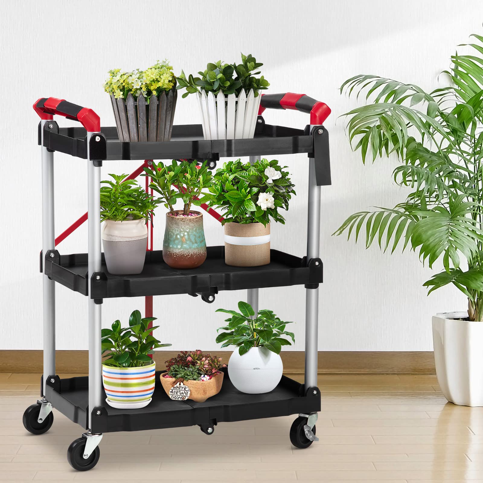 Towallmark Portable Folding Service Cart, 3 Tier Folding Utility Cart, Collapsible Utility Carts for Office, Warehouse, and Home, 56 Lbs Load Capacity per Shelf (Black & Red)