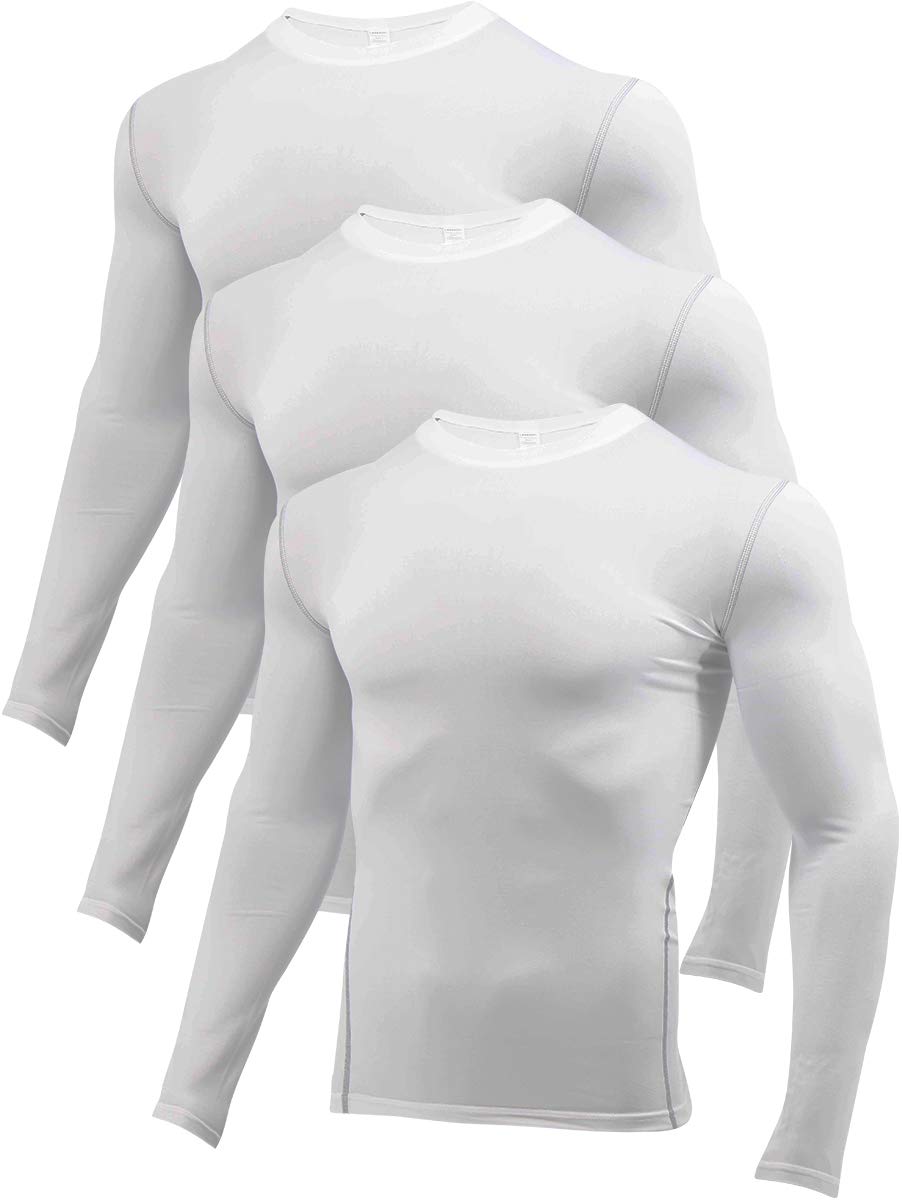 Sanke, 3 Pack Mens Compression Shirt Long Sleeve UV Protection Cooling Dry Fit Shirts Workout Baseball Undershirt, 3 Pack: White, Large