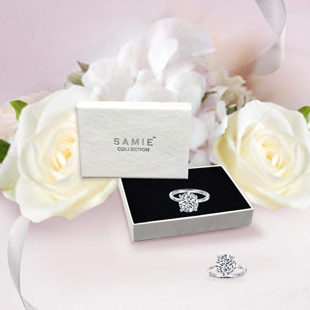 Samie Collection 4 Carat Round Brilliant Simulated Diamond CZ Solitaire Engagement Rings for Women, Classic Wedding Ring, White Gold Finish, Size 6
