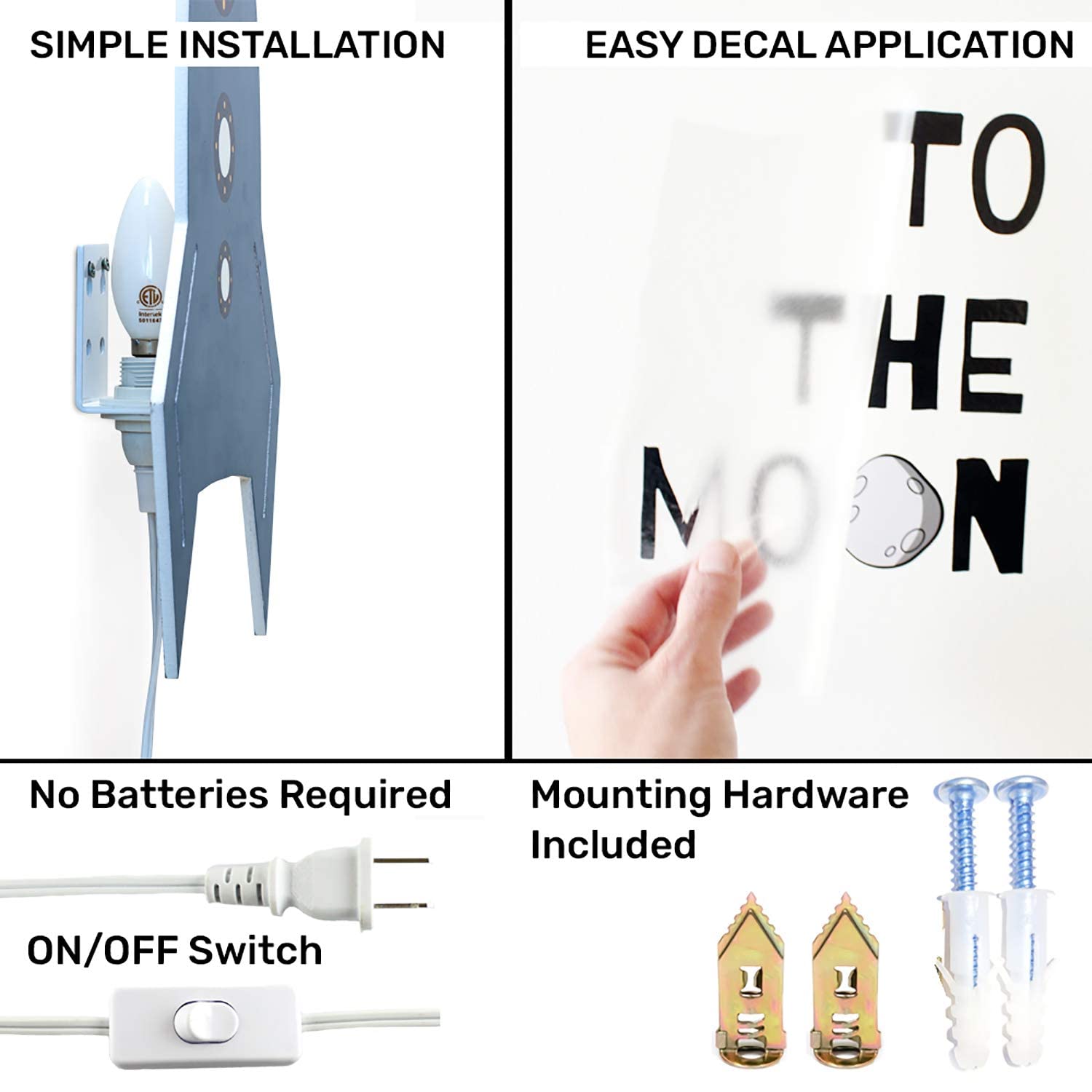 SMART WALLABY Wall Lamp & Decals Set for Kids. Spaceship Shaped LED Night Light Sconce + Space Theme Wall Stickers. Quick, Easy & Modular Nursery or Kids Room Décor Upgrade