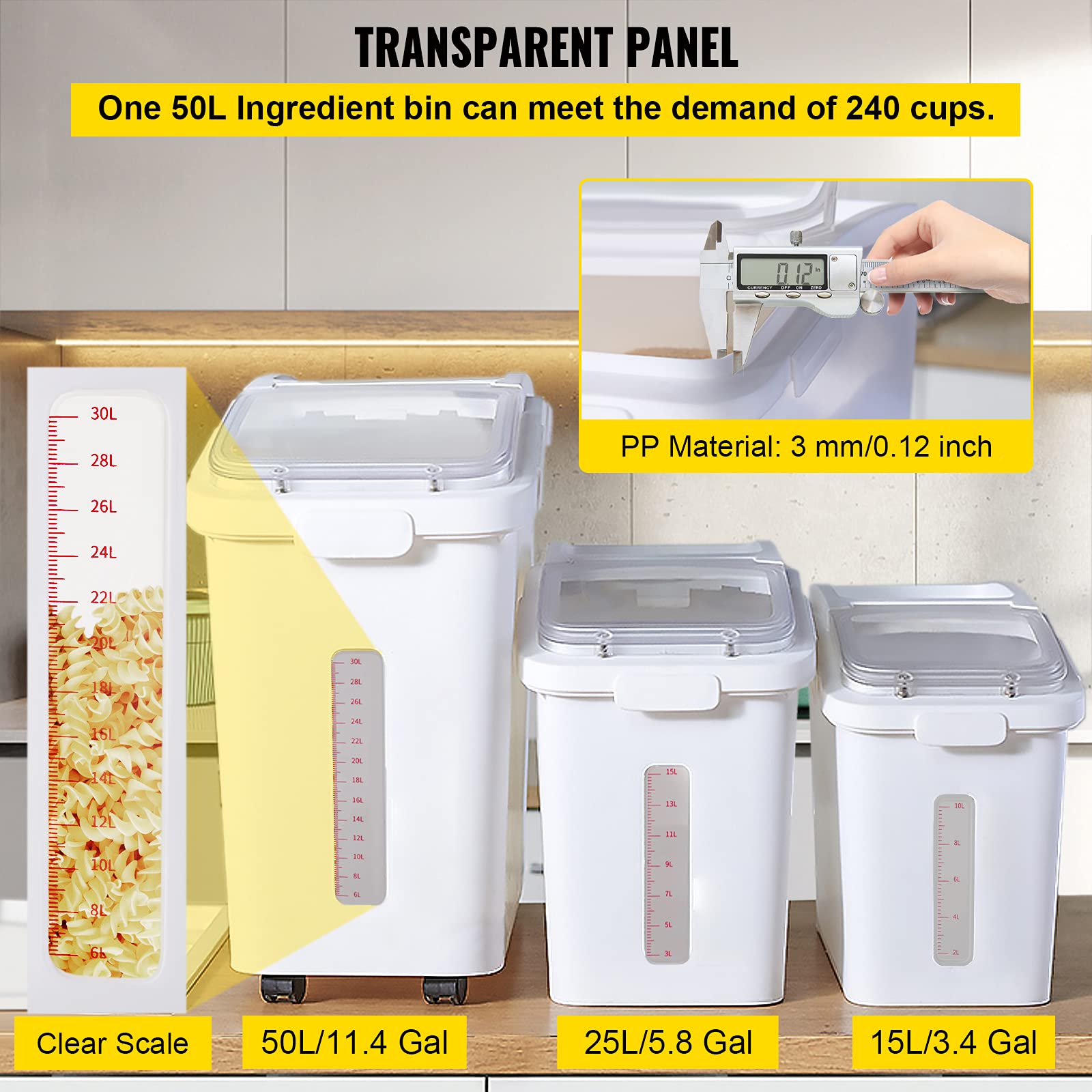 VEVOR Ingredient Storage Bin, 11.4+5.8+3.4 Gal Capacity Shelf Ingredient Bin, 500 Cup Flour Bins on Wheels Commercial Prosave Ingredient Bin with Lid and Scoop Rice Bin for Kitchen White
