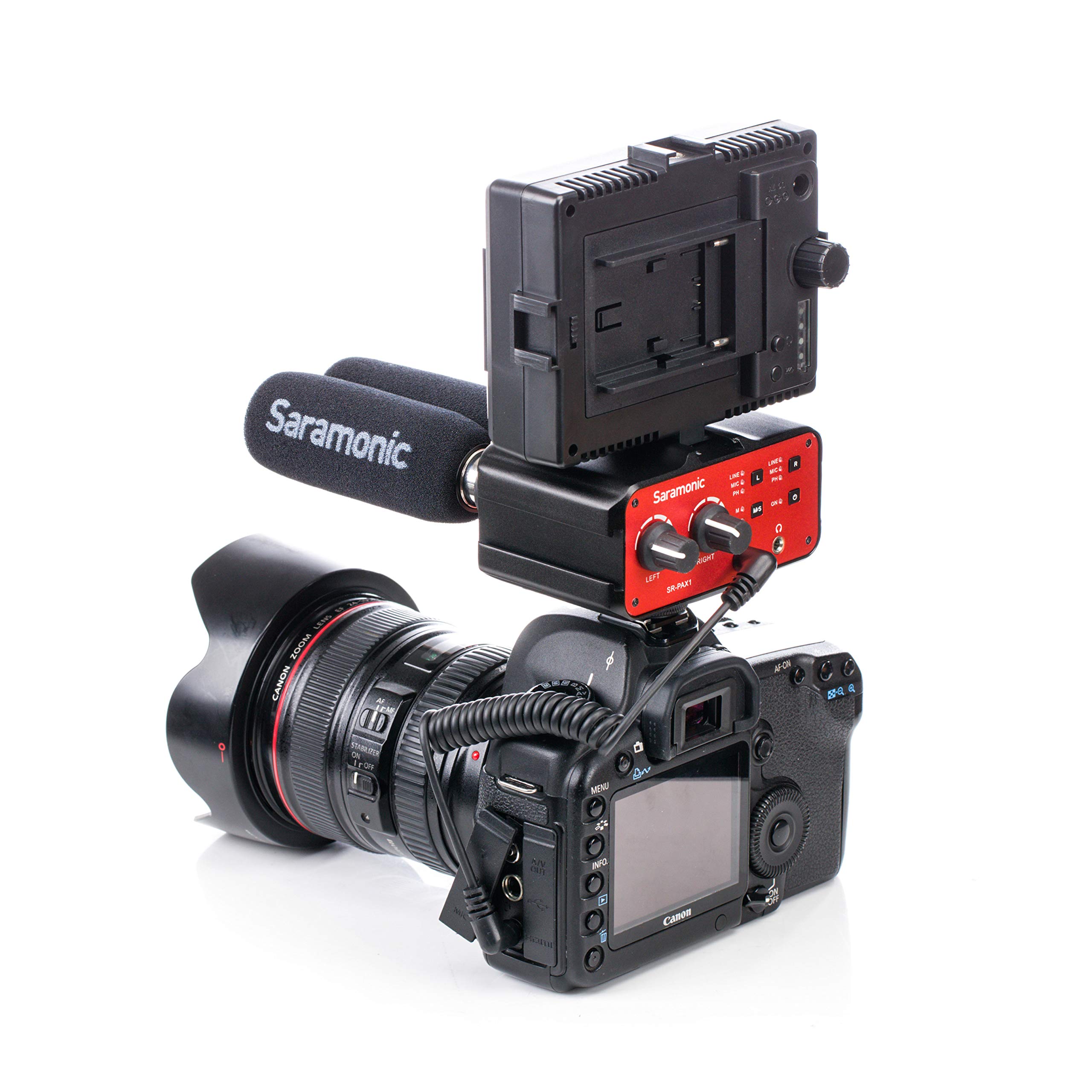 Saramonic 2-Ch Audio Mixer with 3.5mm, XLR & 6.35mm Combo Inputs, PH Power, Headphone Monitor Jack, Integarted Shoe Mounts for DSLR Audio Mixer Preamp (SR-PAX1)