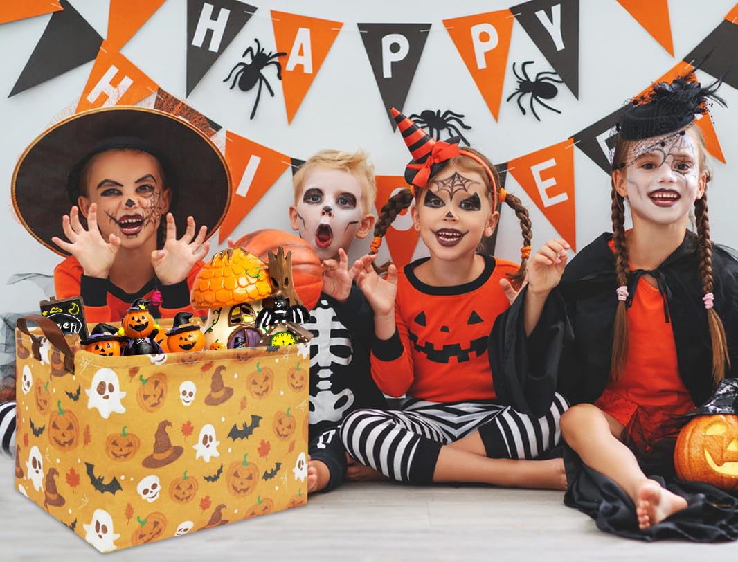 TIBAOLOVER Halloween Basket Cute Halloween Baskets for Kids Skull Pumpkin Basket Rectangular Toy Storage Bin Organizer Box Room Decor for Halloween Parties(Halloween Basket)