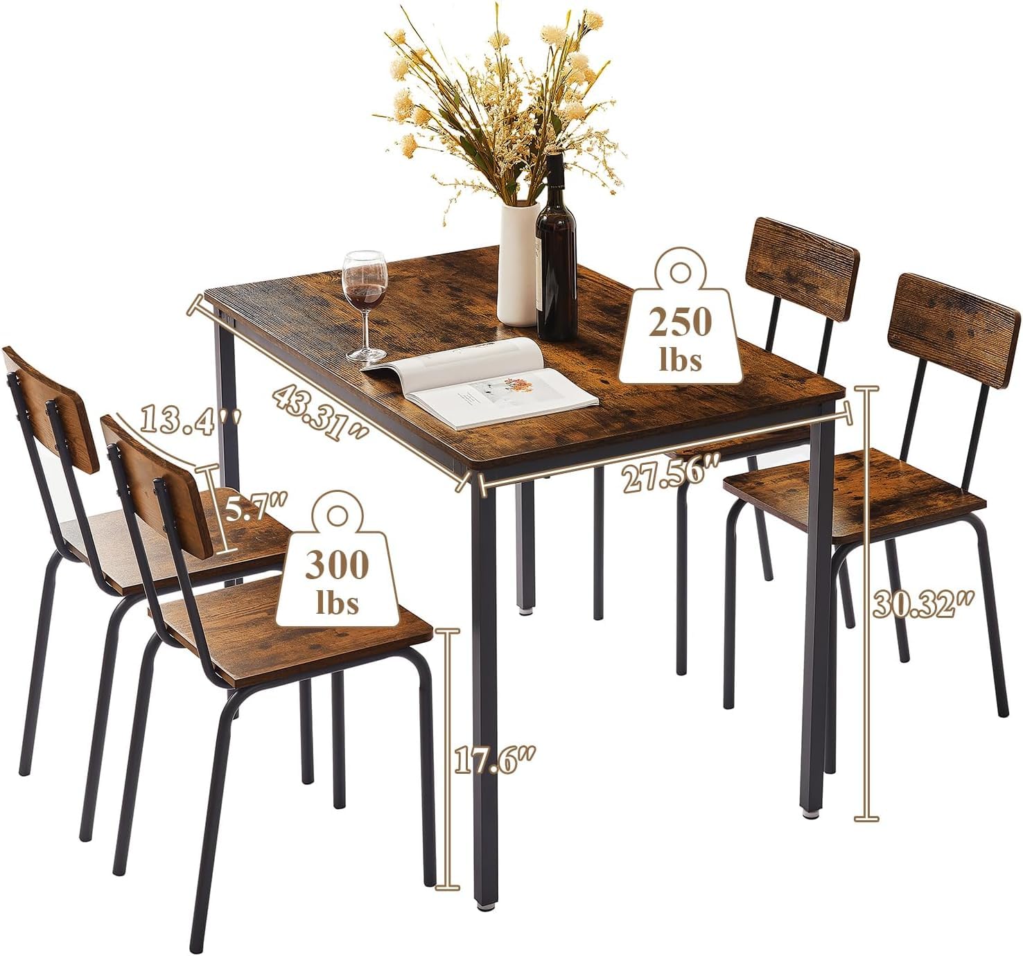Rovibek 4 Chairs Dining Table Set for 4-8, Modern Space Saving Kitchen Desk, Wooden Industrial Style Farmhouse, 43", Grey
