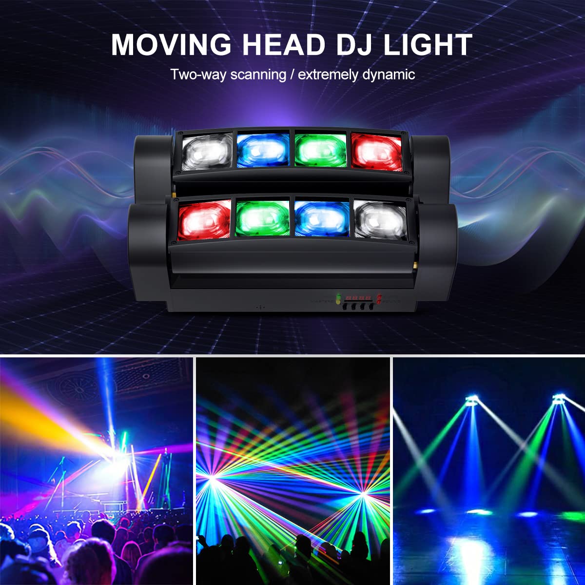 Seven Stars Moving Head DJ Light, 8 Beams Spider LED Stage Light, Master-Slave/DMX/Sound/Auto Control Modes, RGBW 4 in 1 Spotlighting for Wedding, Karaoke, Disco, Light Show and Events(1 Packs)