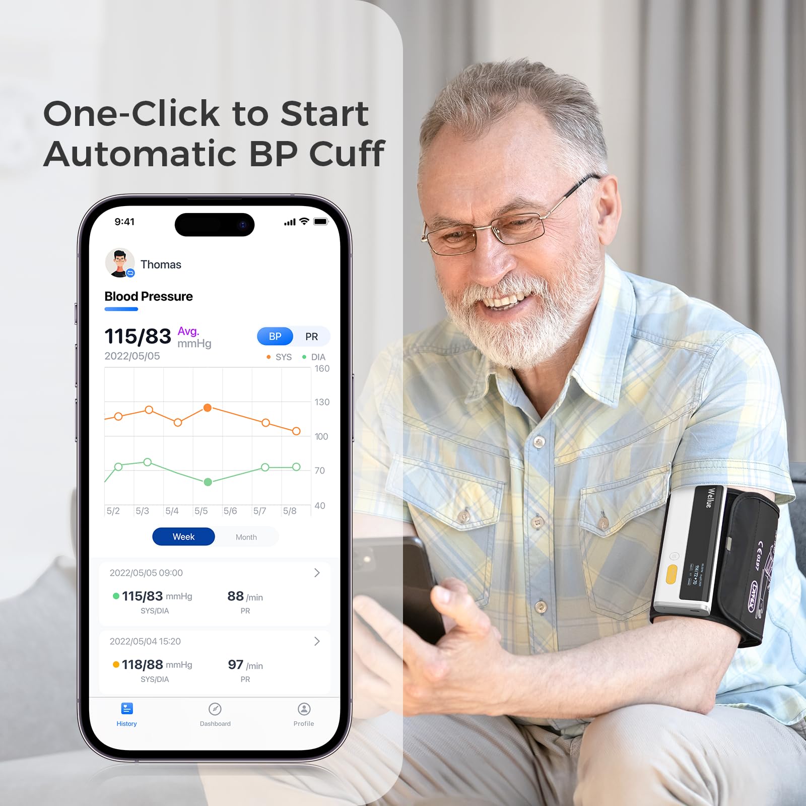 Wellue Blood Pressure Monitor, Upper Arm Cuff BP Machine, Built-in Bluetooth with Free App for iOS & Android