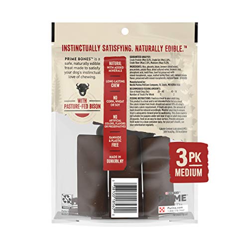 Purina Prime Bones Dog Bone, Made in USA Facilities, Natural Medium Dog Treats, Filled Chew With Pasture-Fed Bison - (4) 3 ct. Pouches