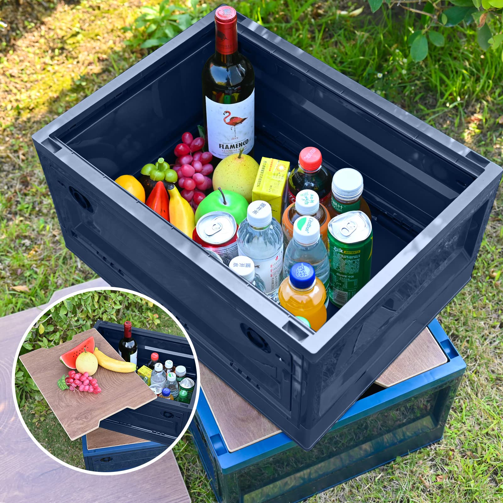 VOOVY Outdoor Camping Storage Case with Wooden Lid, Heavy Duty Folding Storage Box Large Foldable Plastic Storage Bins, for Outdoor Camping Picnic Indoor Home Room Closet(Navy Blue)