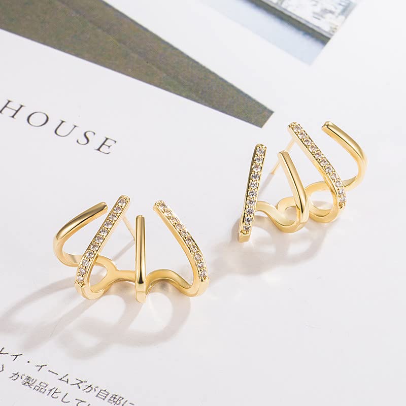 Zircon Needle Stud Earrings Minimalist Claw Earring Cuff Dainty Tiny Ear Wrap Cuff Piercing Studs,Ear cuff Earrings for Women(Gold)