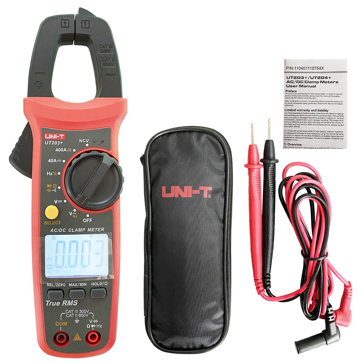 UNI-T UT204+ Digital 600A AC/DC Numeral Pincer Multimeter Ammeter Anti-Burning Anti-Misdetection Clamp Meter Multifunction Electrician Current Measurement with True Effective Value, NCV Intelligent