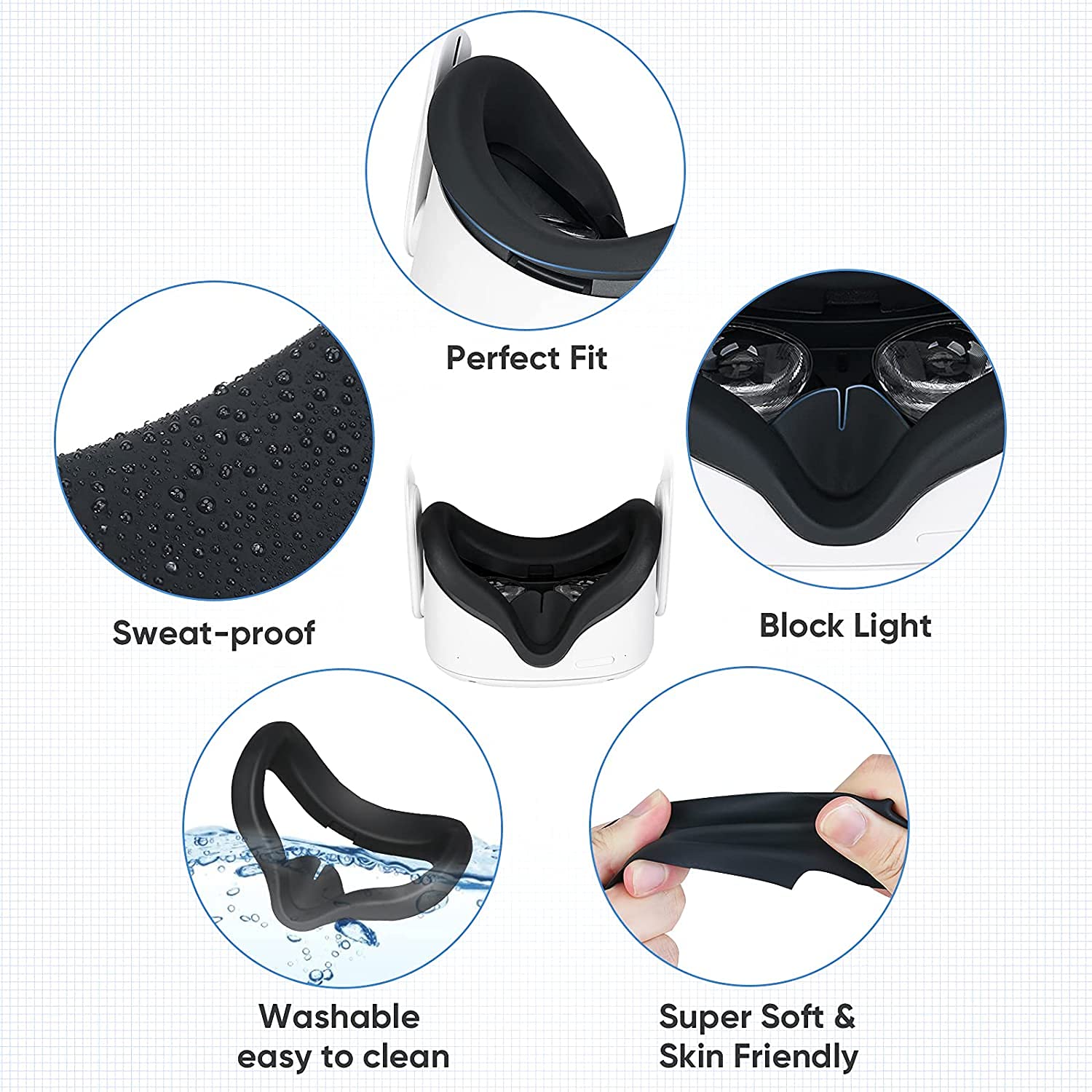 VR Silicone Face Cover, Face Mask for Oculus Quest 2 Headset Accessories, Keep Original Stock Facial Interface Clean, Dry, Soft & Lightproof, Bundled with Lens Protection Cover