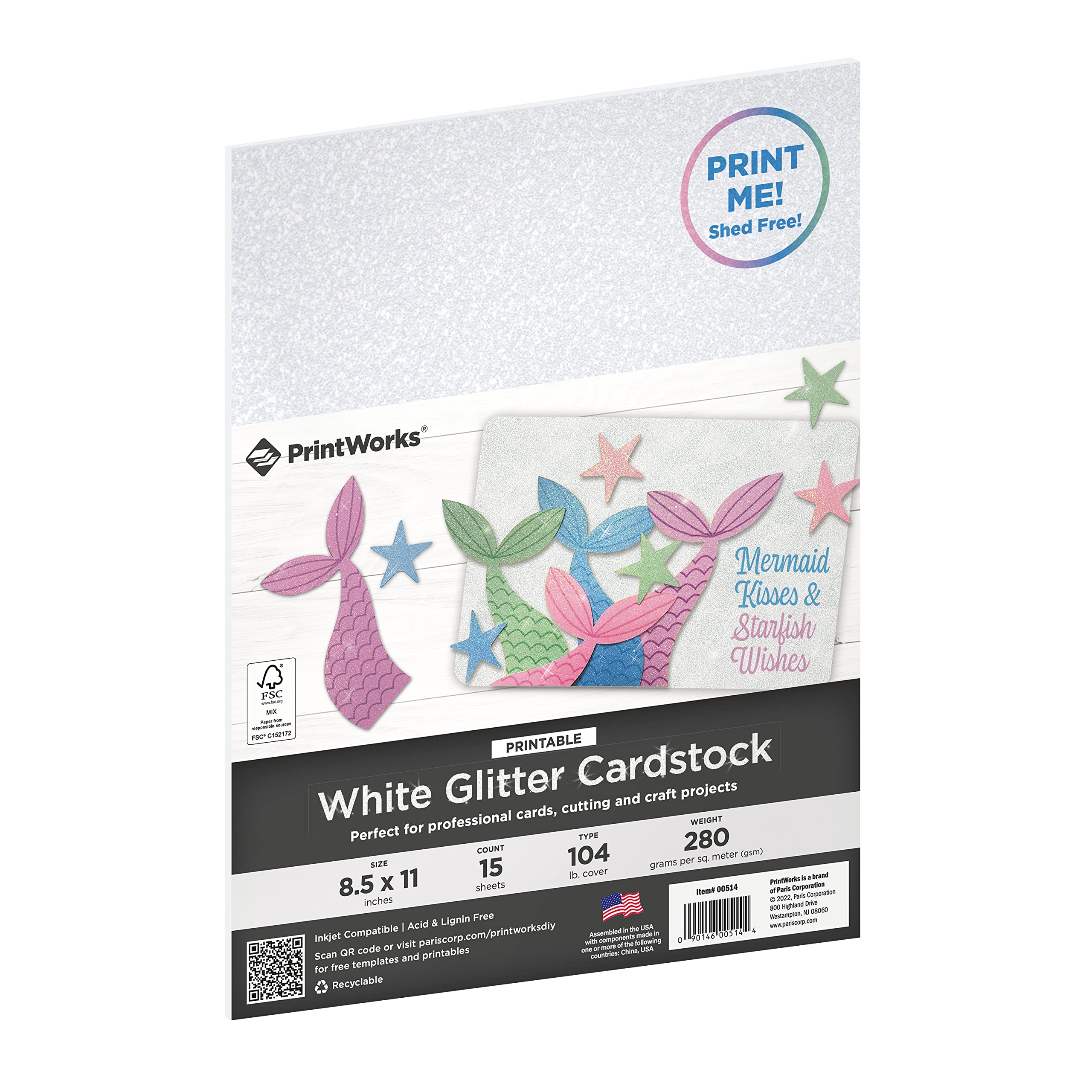 Printworks Printable White Glitter Cardstock, Perfect for Holiday School and Craft Projects, 15 Sheets, 8.5” x 11” (00514)
