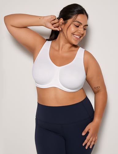 SYROKAN Women's Max Control Underwire Sports Bra High Impact Plus Size with Adjustable Straps White 40C