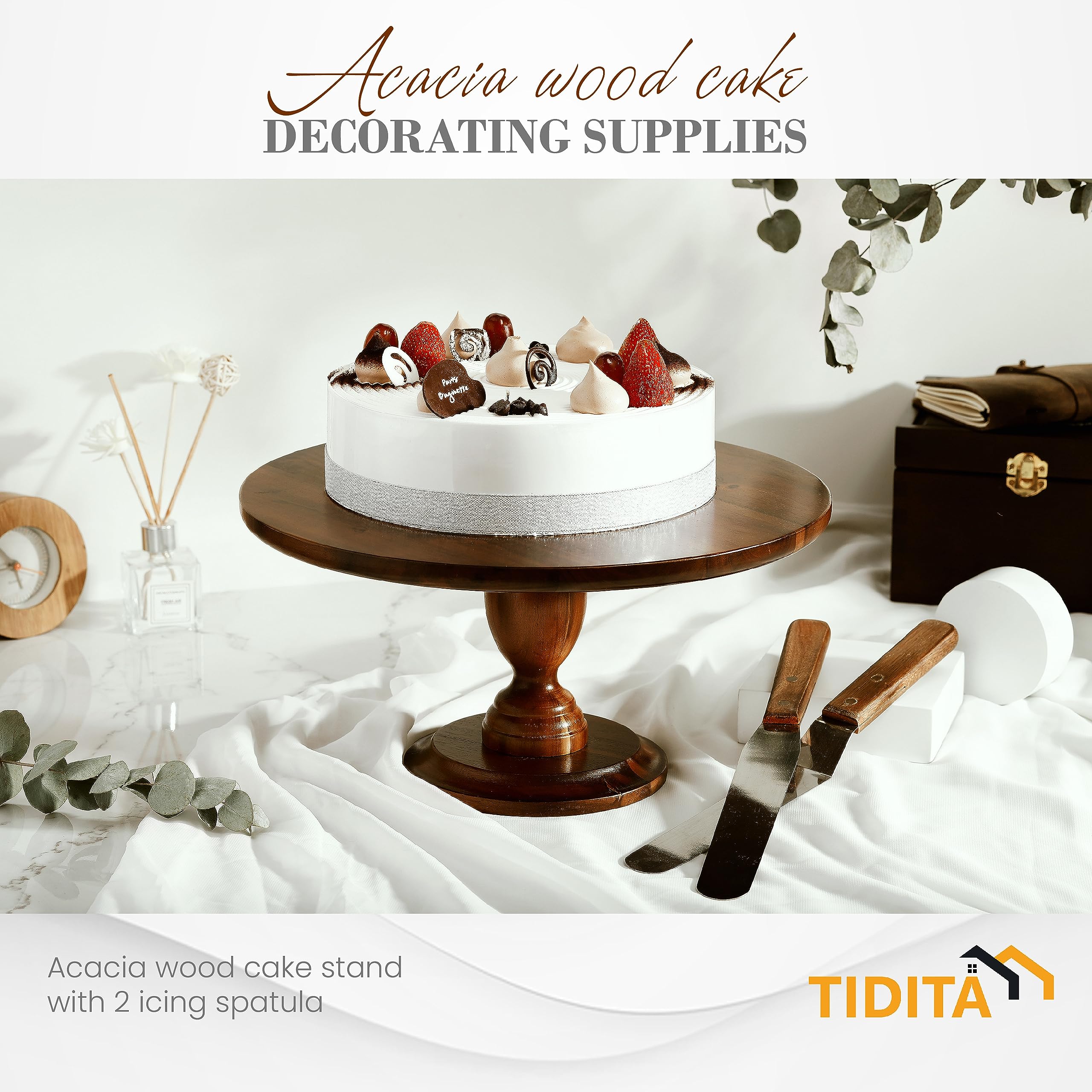 Tidita 13" Acacia Cake Stand Rustic β Cake Stands Wooden with 2 Icing Spatulas - Wedding and Birthday Cake Pedestal for Dessert Table - Cupcake Stand at Parties, Weddings, Restaurants ( Acacia Wood)
