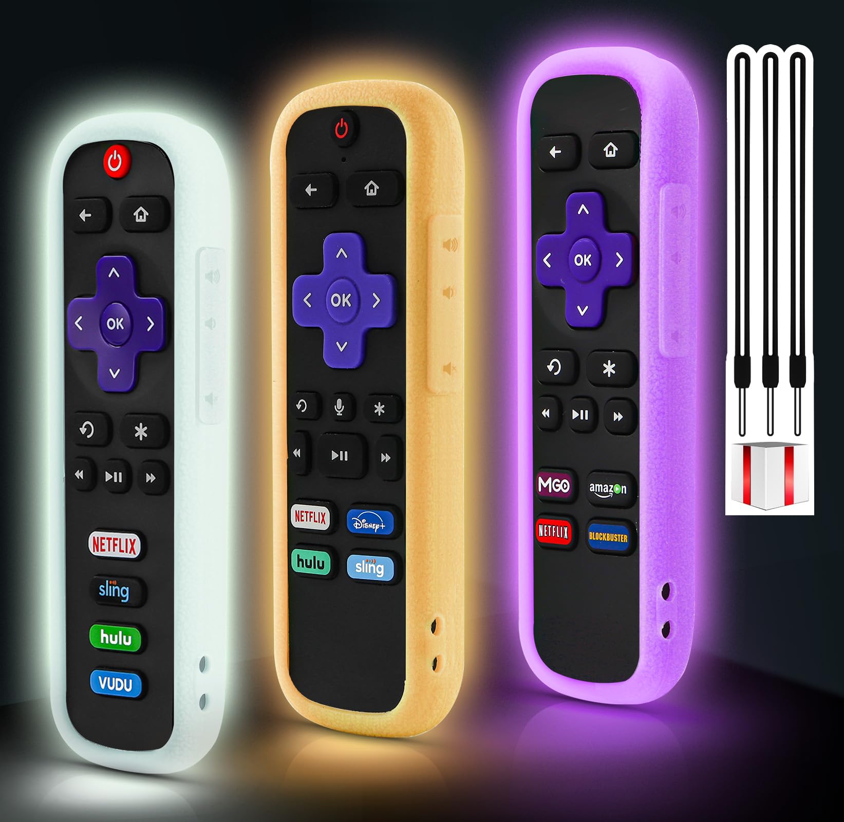 SOTATOO (3 Pack) Remote Cover for Roku, Remote Case Compatible with Roku Voice Remote Official, Silicone Universal Protective Controller Sleeve Glow in The Dark Purple Orange White with Lanyards