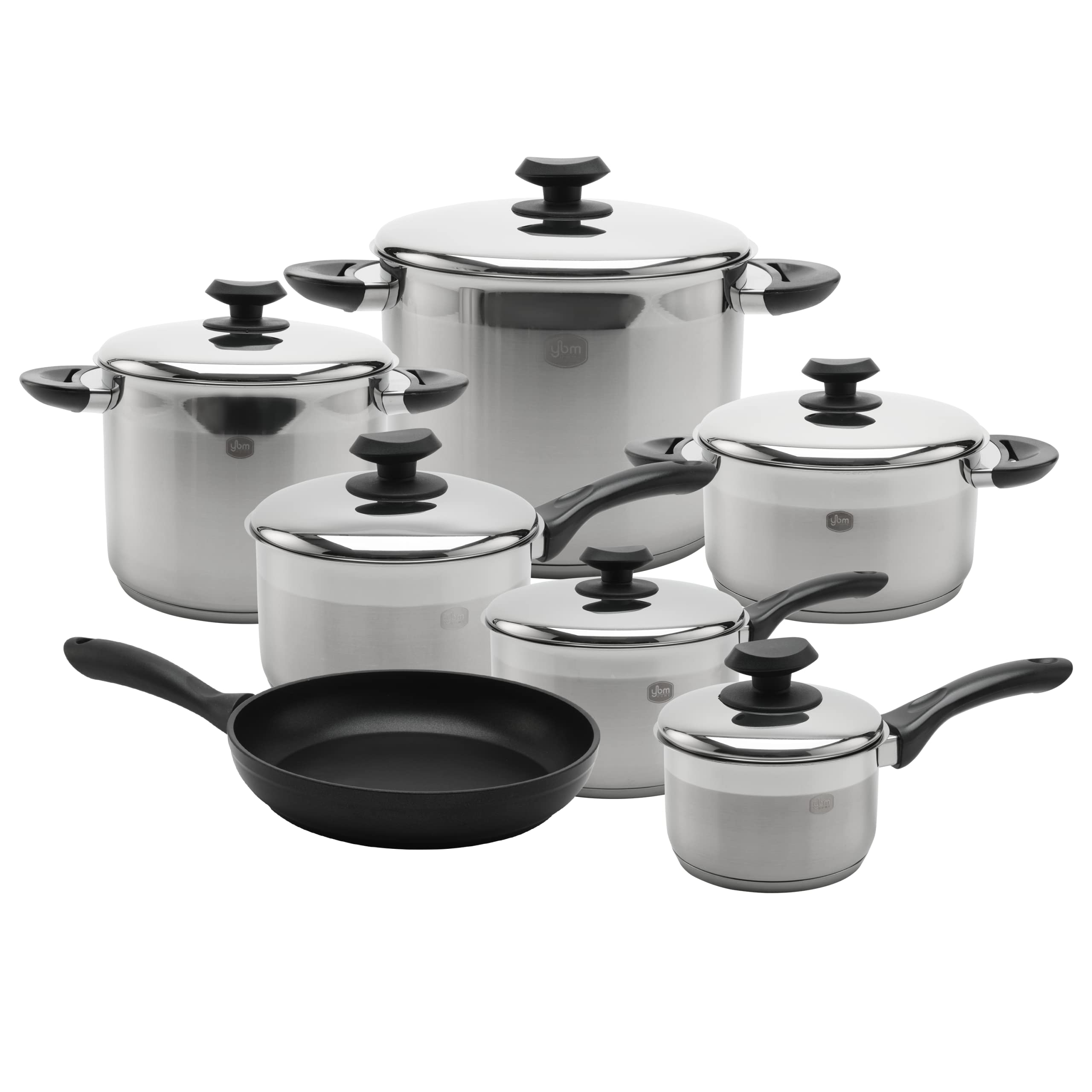 YBM Home Professional Chef’s 18/10 Stainless Steel Sauce Pot Covered Tri-Ply Capsule Base With Bakelite Handle, Terrific Mirror Silver, Induction Compatible - Black