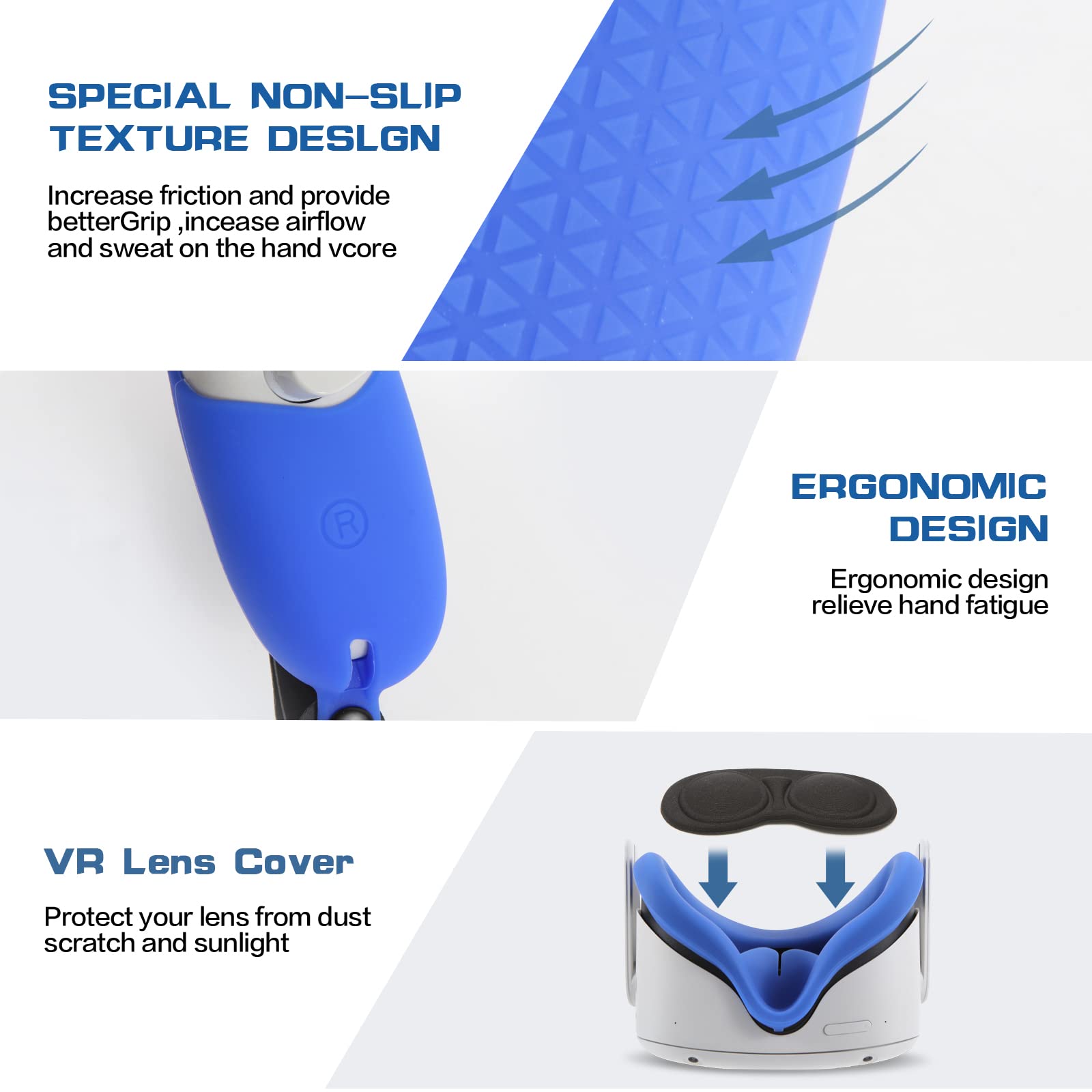 VR Touch Contrller Grips Cover Compatible with Oculus Quest 2,with 1Pcs VR Silicone Face Pad,Lens Protection Cover,Thumbstick Covers,Sweat-Proof/Anti-Throw/Adjustable (Blue/4Pcs Set)