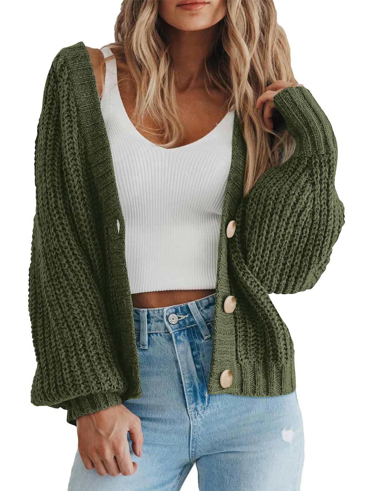 PRETTYGARDEN Women's Long Sleeve Plain Button Down Sweater Classic V-Neck Knit Cardigan Open Loose Outwear Coats (Army Green,Small)