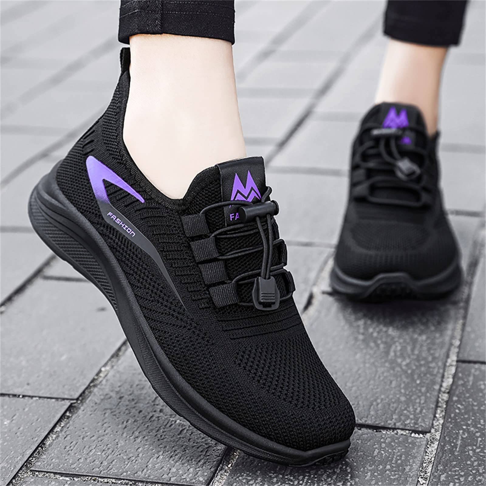 Womens Fashion Sneakers Mesh Breathable Elastic Adjustable Slip-On Running Shoes Durable Casual Non Slip Low Top Tennis Shoes,Black,7