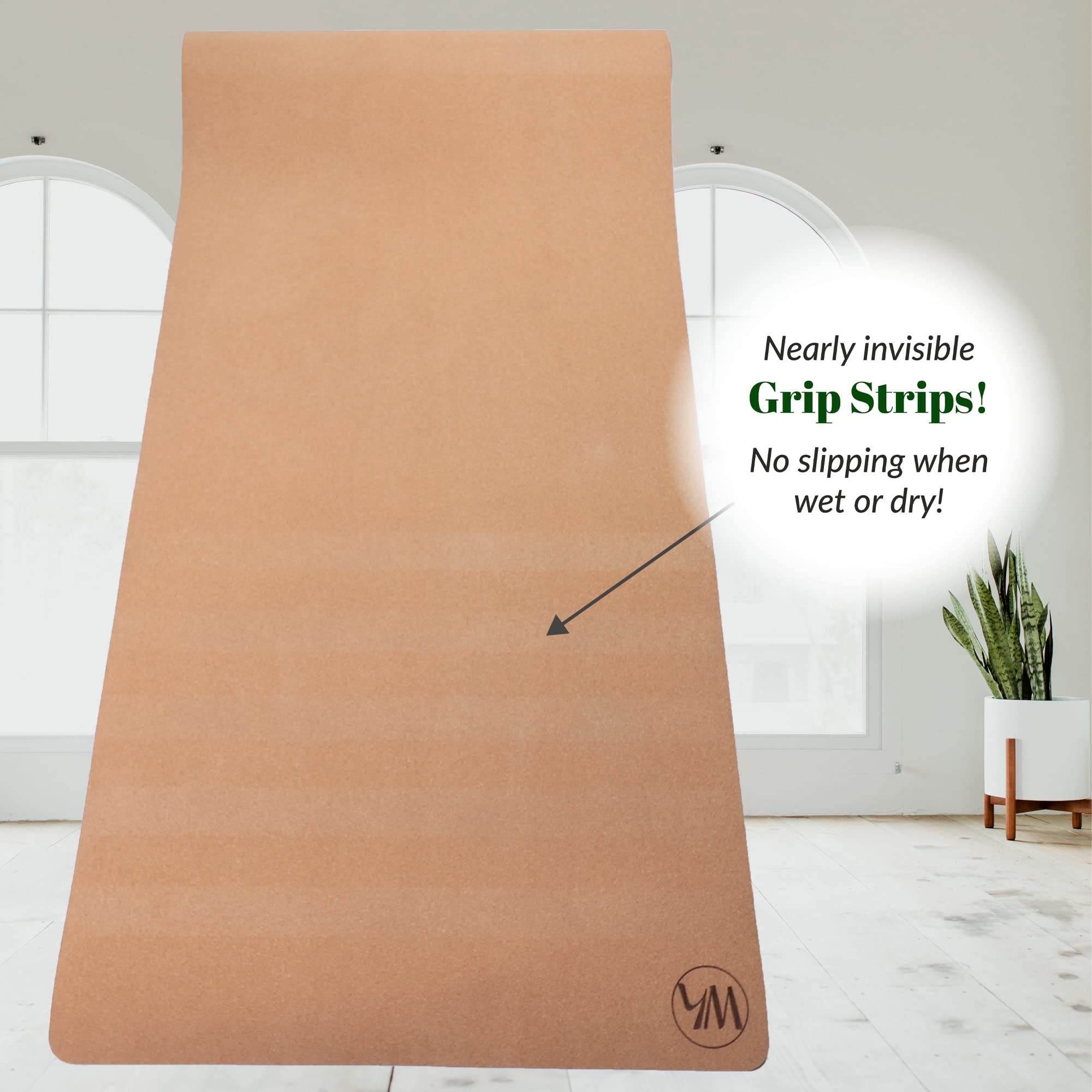 YogizMat Plain Cork Yoga Mat With Grip Strips - The Only Mat With True Dry and Wet Grip, Longer and Wider (73 x 27 in) 5mm Thick, Non-slip