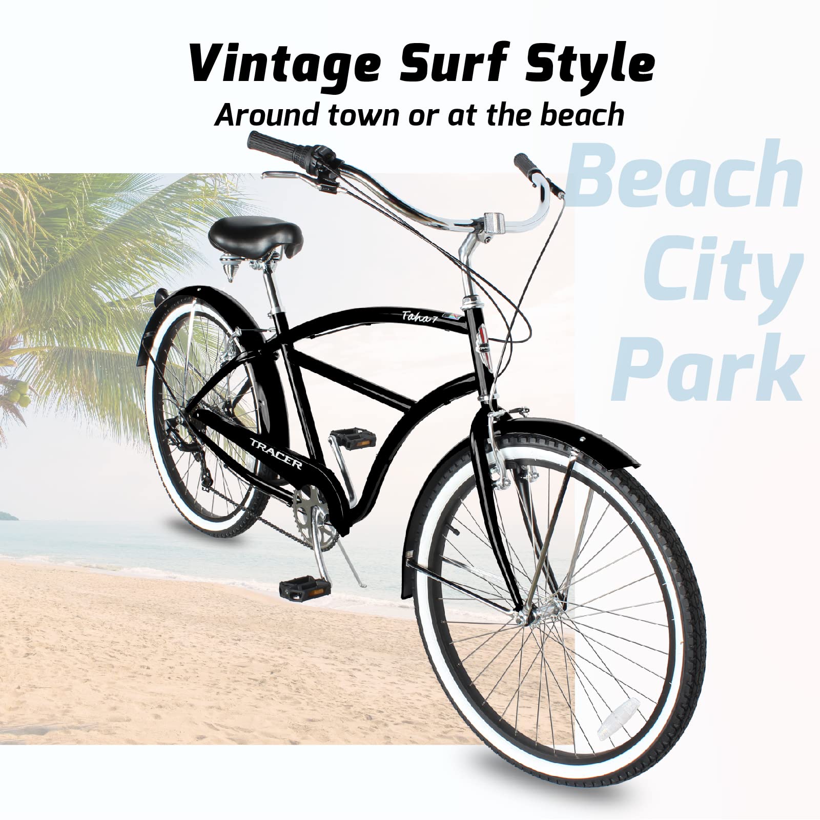 Tracer Taha 26 in Hybrid Beach Cruiser 7 Speed Steel Frame Men's Bicycle, Black