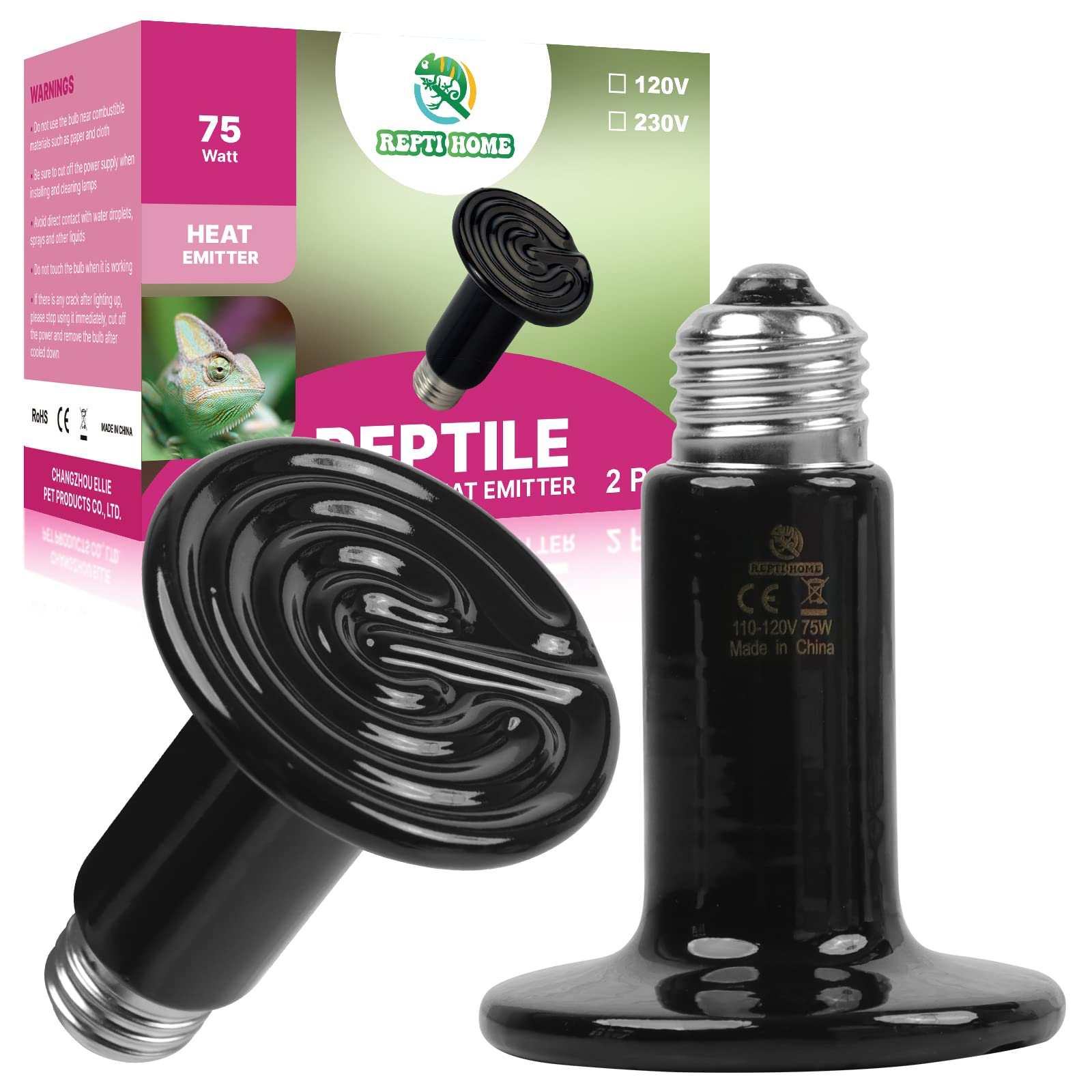 REPTI HOME 75W Ceramic Heat Emitter (2 Pack), Reptile Heat Lamp Bulbs, Ceramic Heater for Amphibian, Pet Brooder Coop, Chicken, Dog, Cat