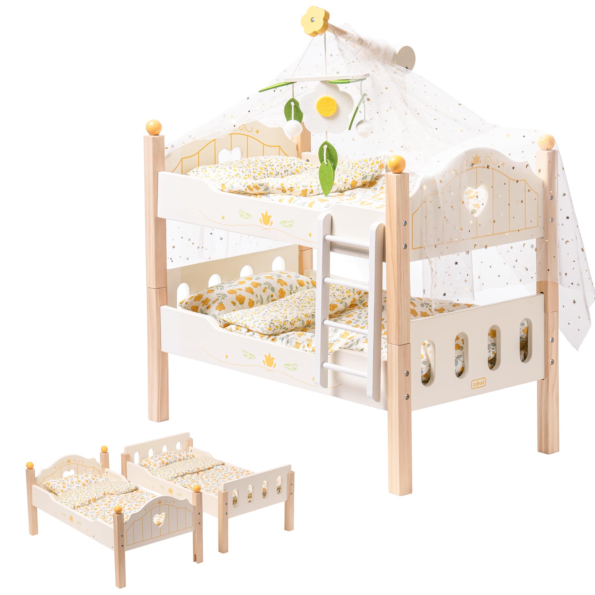 ROBOTIME Baby Doll Bunk Beds, Baby Doll Crib for 18 inch Dolls, Wooden Doll Bed Toy with Doll Bedding