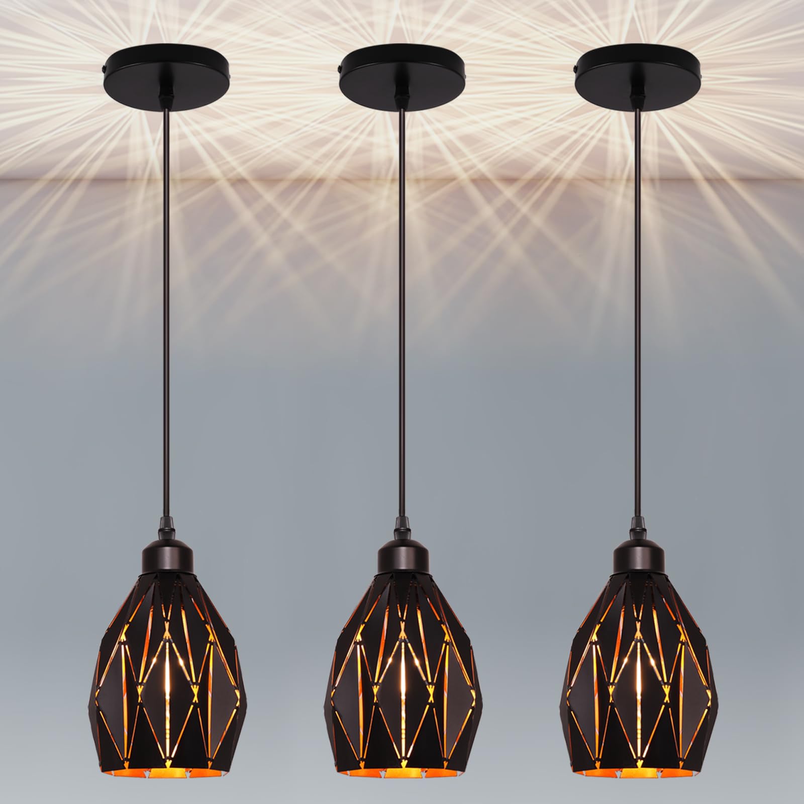 Retro Pendant Light Fixtures 3 Pack Industrial Pendant Lighting Adjustable Hanging Light Fixtures with Geometric Black Metal Shade Farmhouse Pendant Light Ceiling Lamp for Kitchen Island