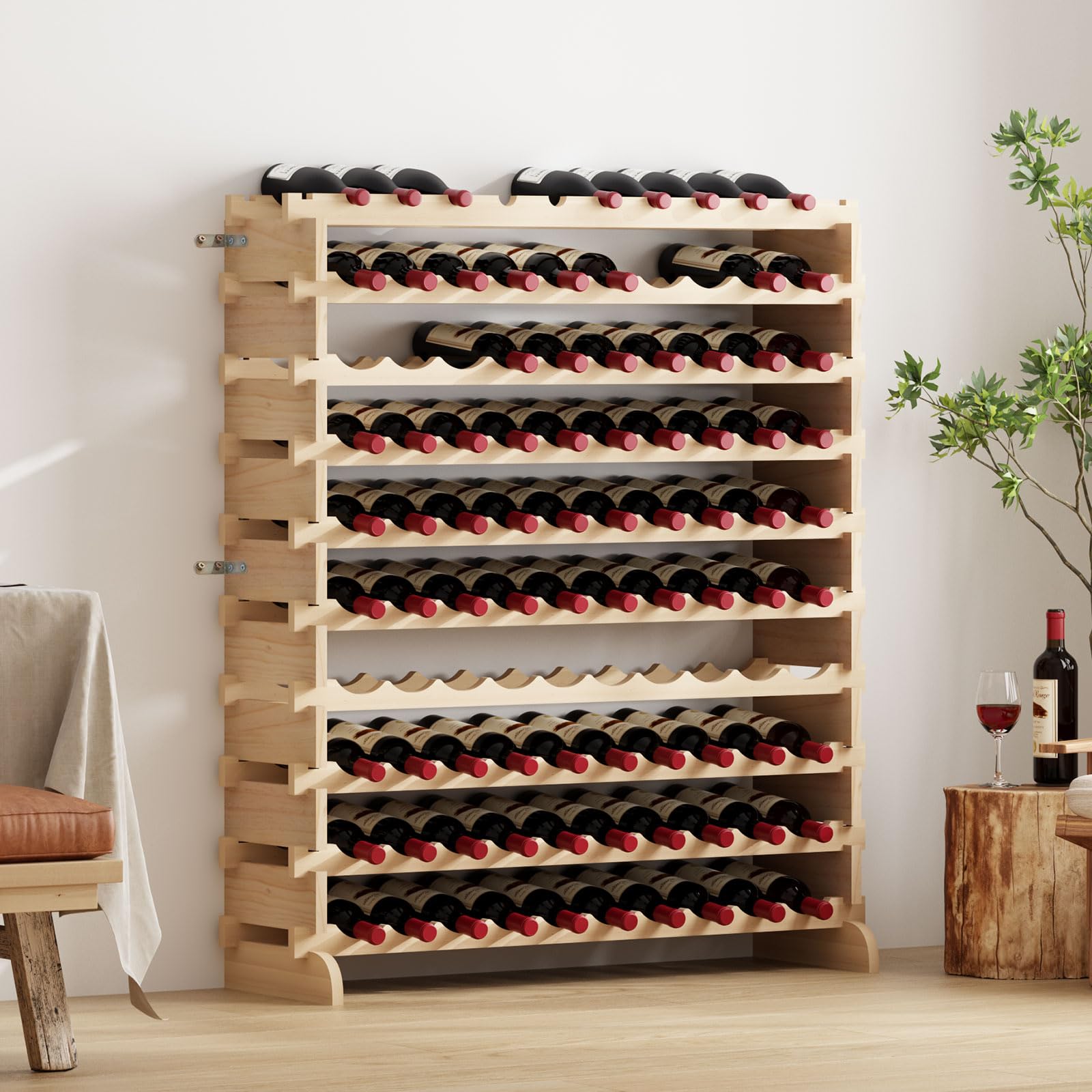 SogesHome Wine Rack Wood Storage Rack Stand, 100 Bottles Holder, 10 Tier Stackable Wine Storage Organizer with Anti-Falling Device, Natural Color