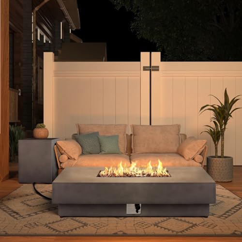 ReeQuo 60-inch Outdoor Propane Fire Pit Table Set - 2-Piece, 50,000 BTU, Concrete Large Rectangular Fire Table with Lid, Propane Tank Table, Lava Rocks, Rain Cover - Perfect Firepit for Outdoor Use