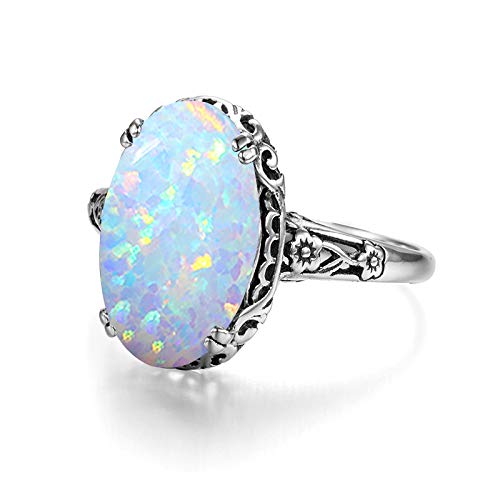 SZJINAO 6CT White Opal Ring Sterling Silver Rings For Women Floral Edwardian Antique Filigree Engagement Wedding Ring (Opal, 7)