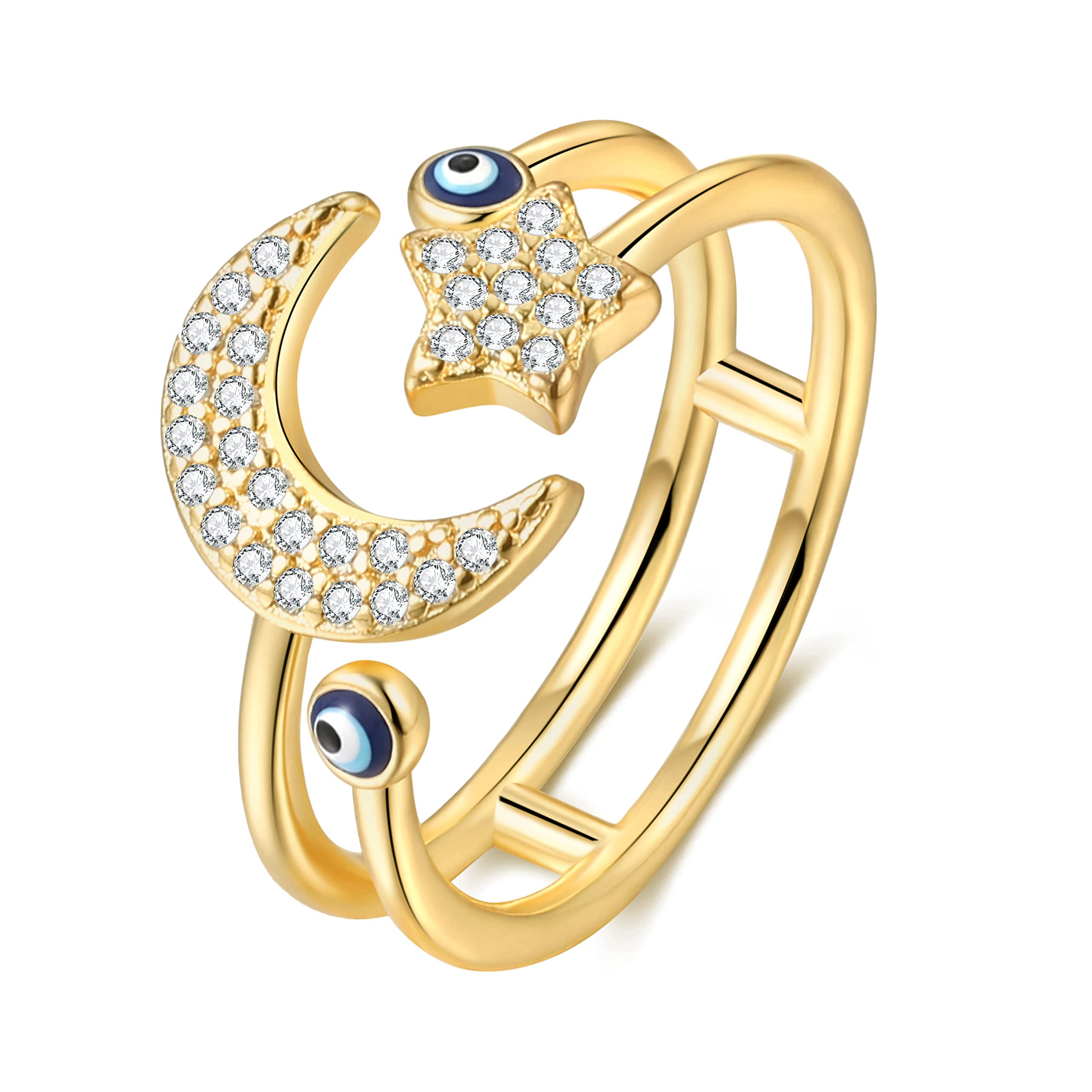 Youvelst Evil Eye Rings for Women 14K Gold Plated Adjustable Statement Rings Dainty Eyeball Rings Evil Eye Stackable Rings Minimalist Protection Jewelry (Gold Evil Eyes 2)