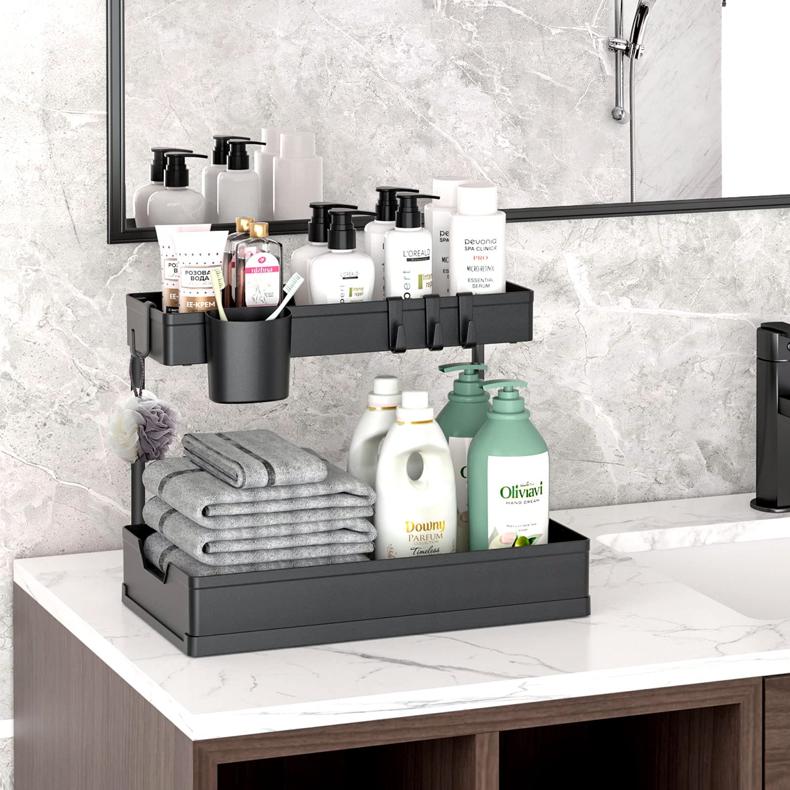 Under Sink Organizers and Storage, LEITAO 2 Tier Under Sliding Cabinet Bathroom Organizer w Hooks, Hanging Cup, Multi-use Pull Out Narrow Space Pull Out Organizer for Home Kitchen Bath Office(2 Pack)