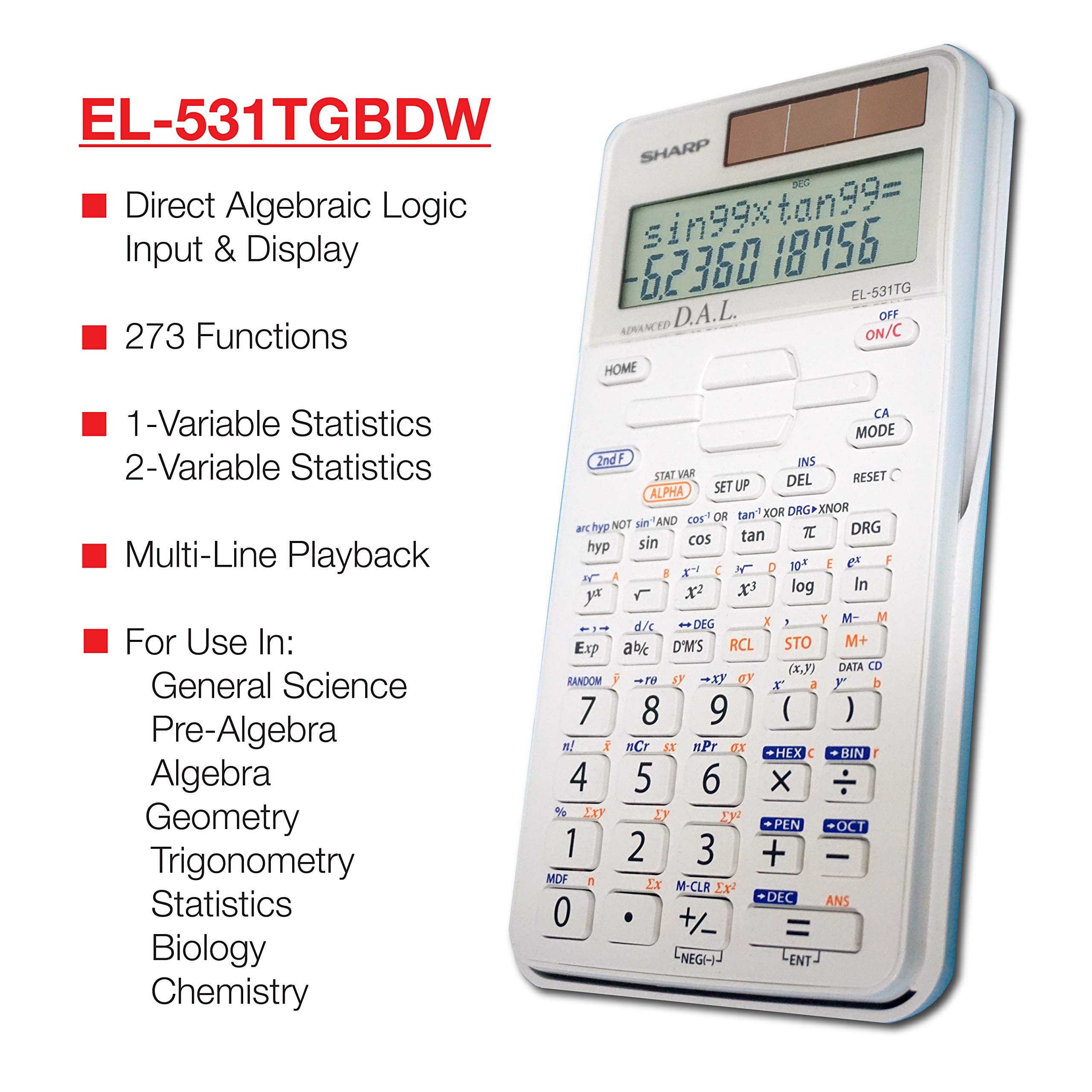 Sharp EL-531TGBDW 12-Digit Scientific/Engineering Calculator with Protective Hard Cover, Battery and Solar Hybrid Powered LCD Display, Great for Students and Professionals, Silver